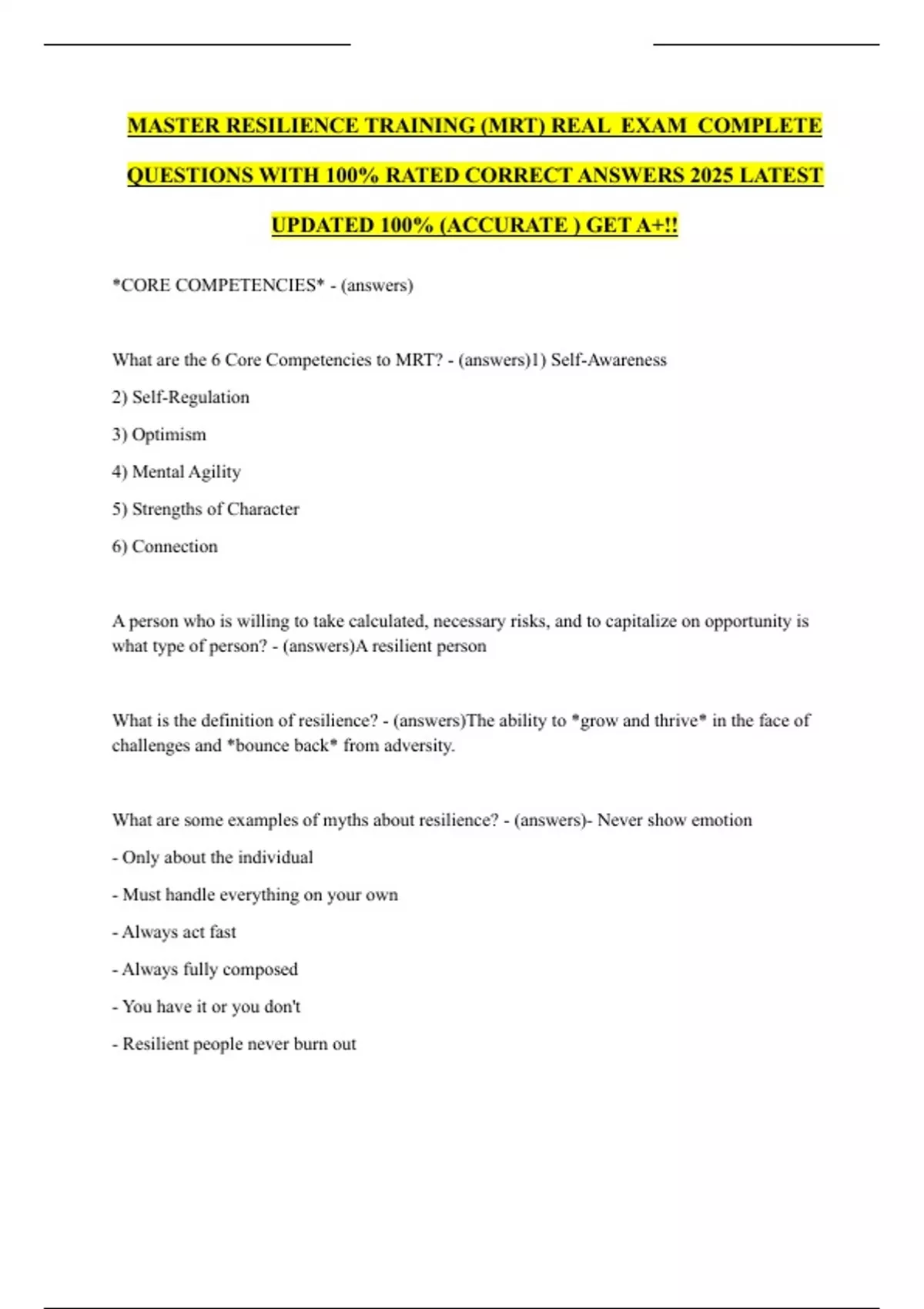 MASTER RESILIENCE TRAINING (MRT) REAL EXAM COMPLETE QUESTIONS WITH 100% ...