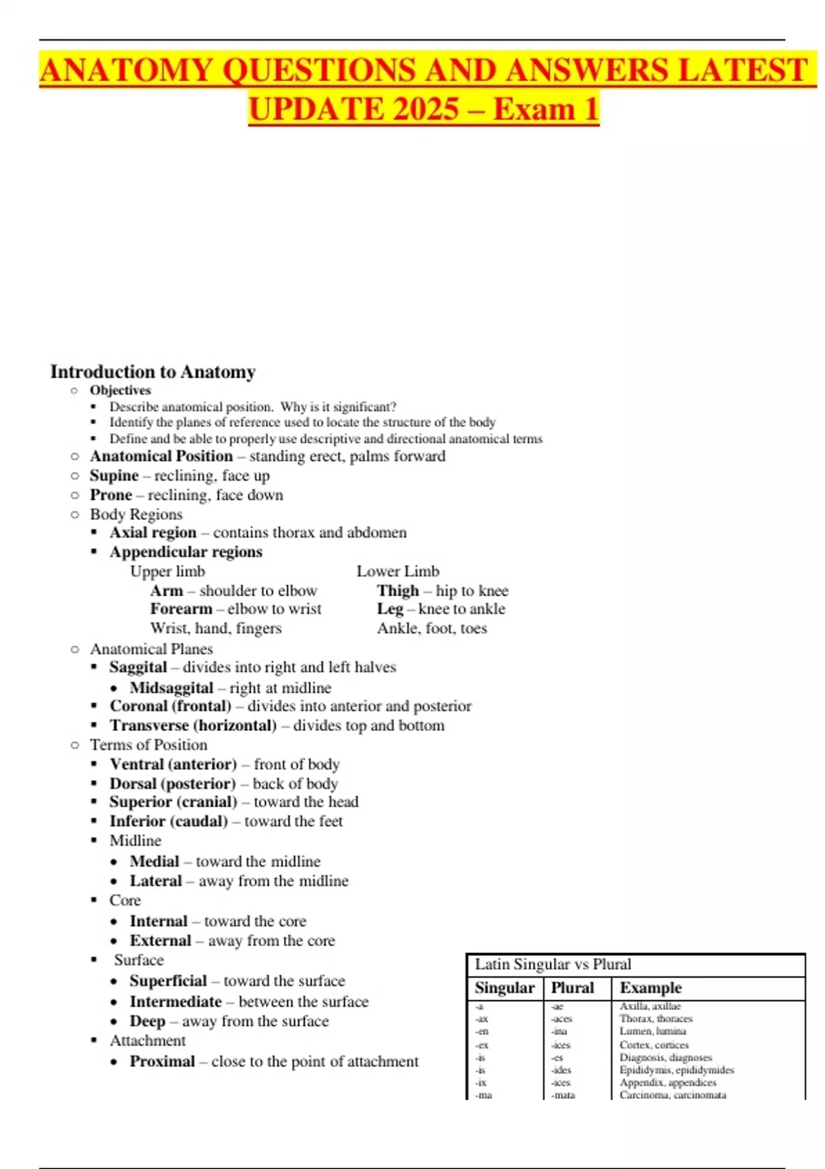 ANATOMY QUESTIONS AND ANSWERS LATEST UPDATE 2025 – Exam 1 - Anatomy ...