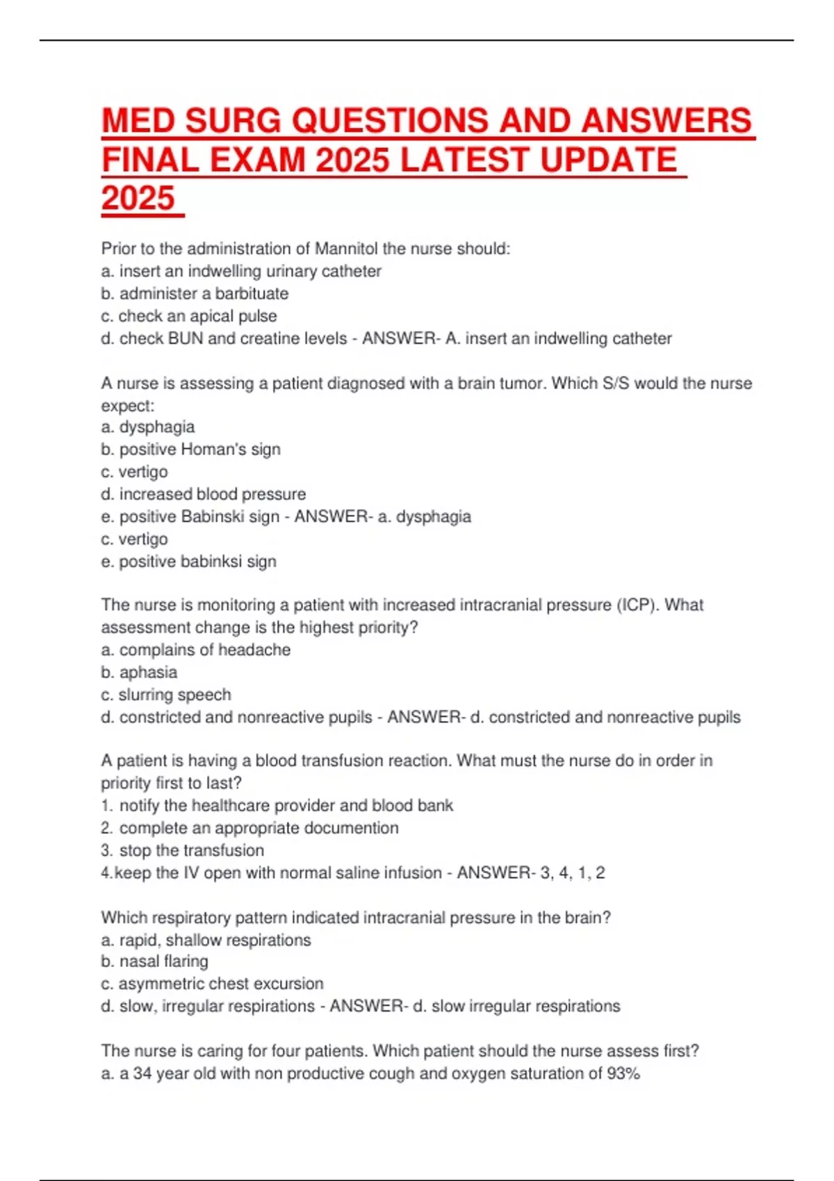 MED SURG QUESTIONS AND ANSWERS FINAL EXAM 2025 LATEST UPDATE 2025 - Med ...