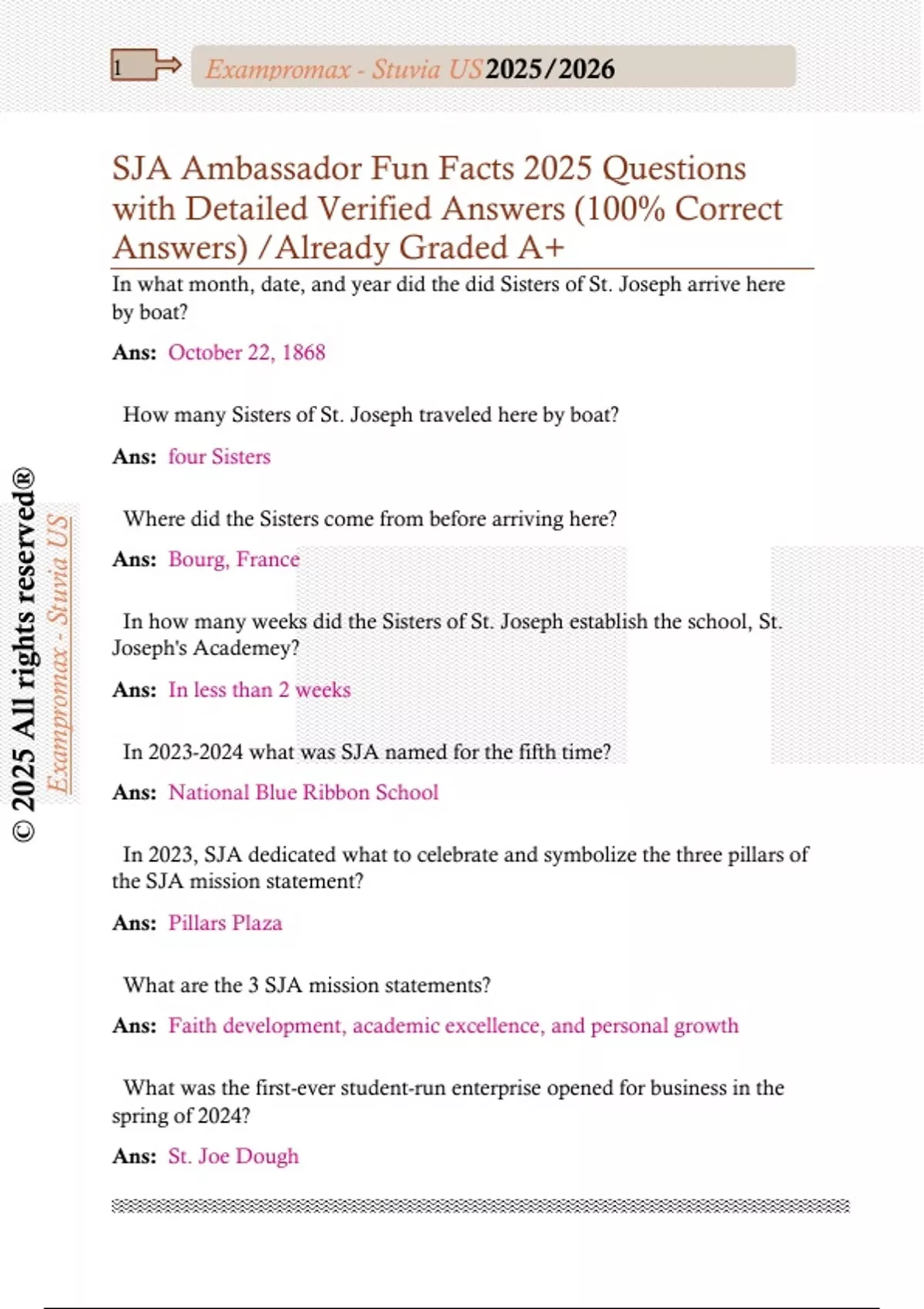 SJA Ambassador Fun Facts 2025 Questions with Detailed Verified Answers ...