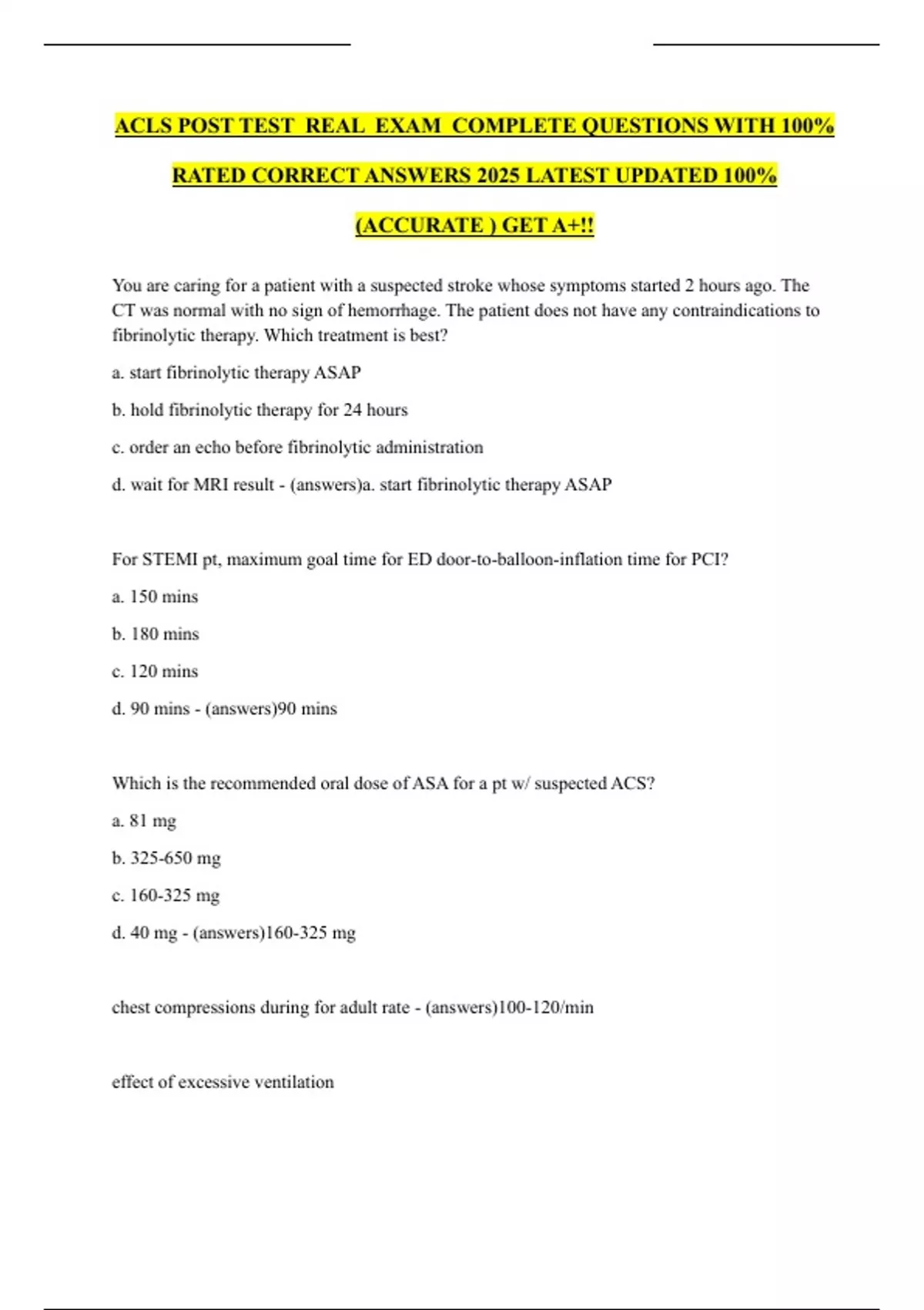 ACLS POST TEST REAL EXAM COMPLETE QUESTIONS WITH 100% RATED CORRECT ...