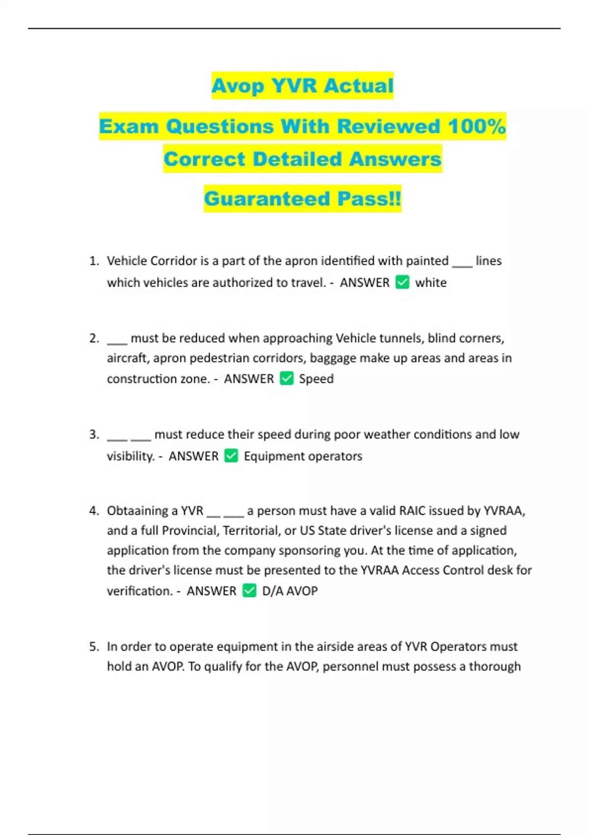 Avop YVR Actual Exam Questions With Reviewed 100% Correct Detailed Answers Guaranteed Pass ...