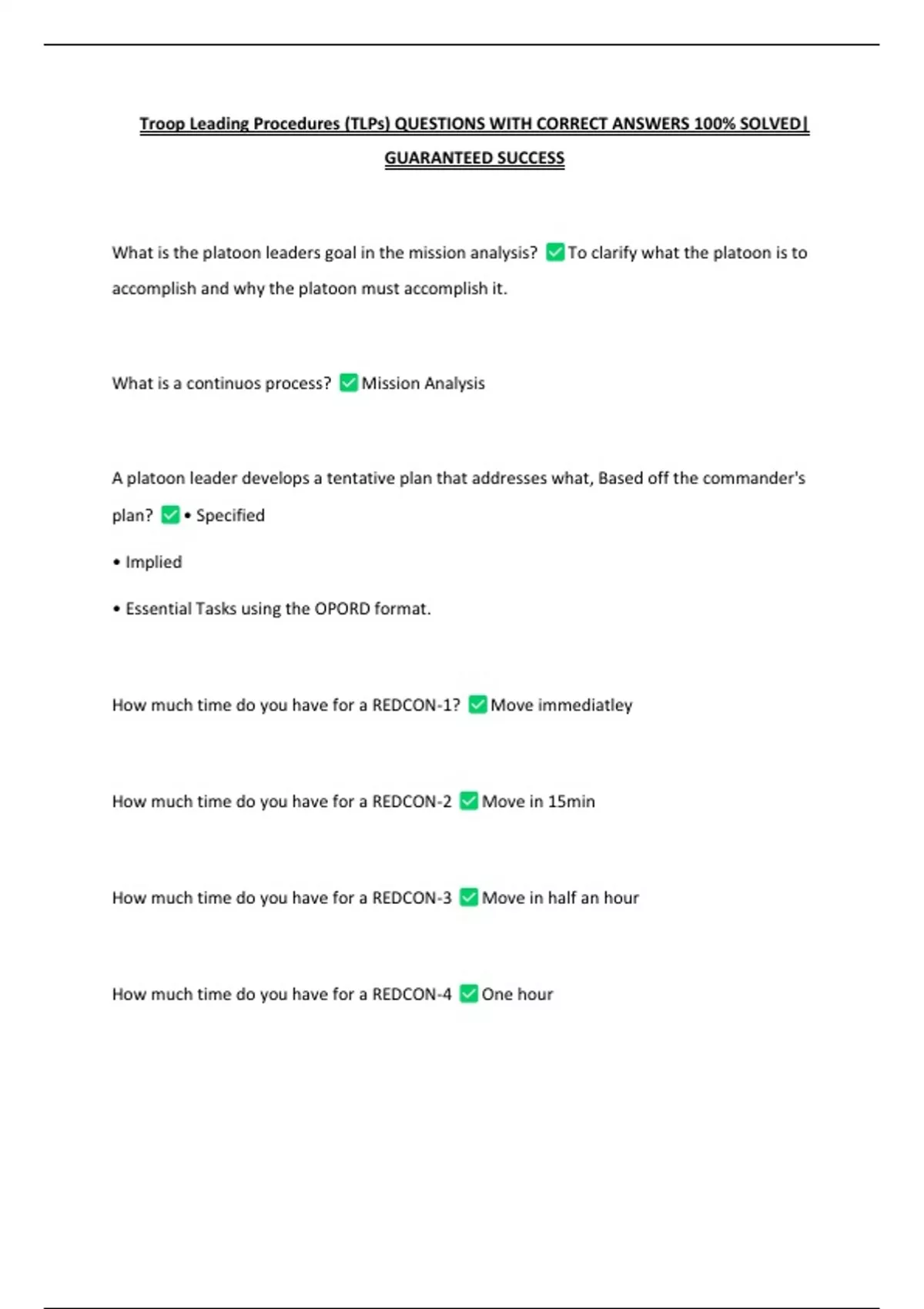 Troop Leading Procedures (TLPs) QUESTIONS WITH CORRECT ANSWERS 100% ...