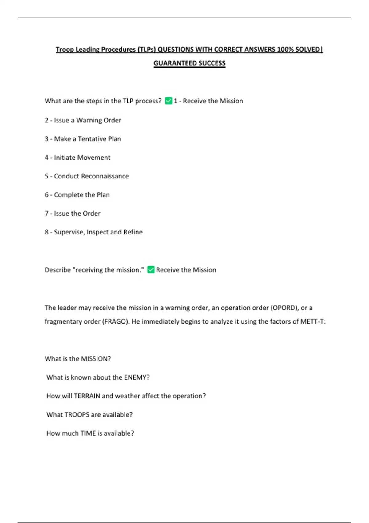 Troop Leading Procedures (TLPs) QUESTIONS WITH CORRECT ANSWERS 100% ...
