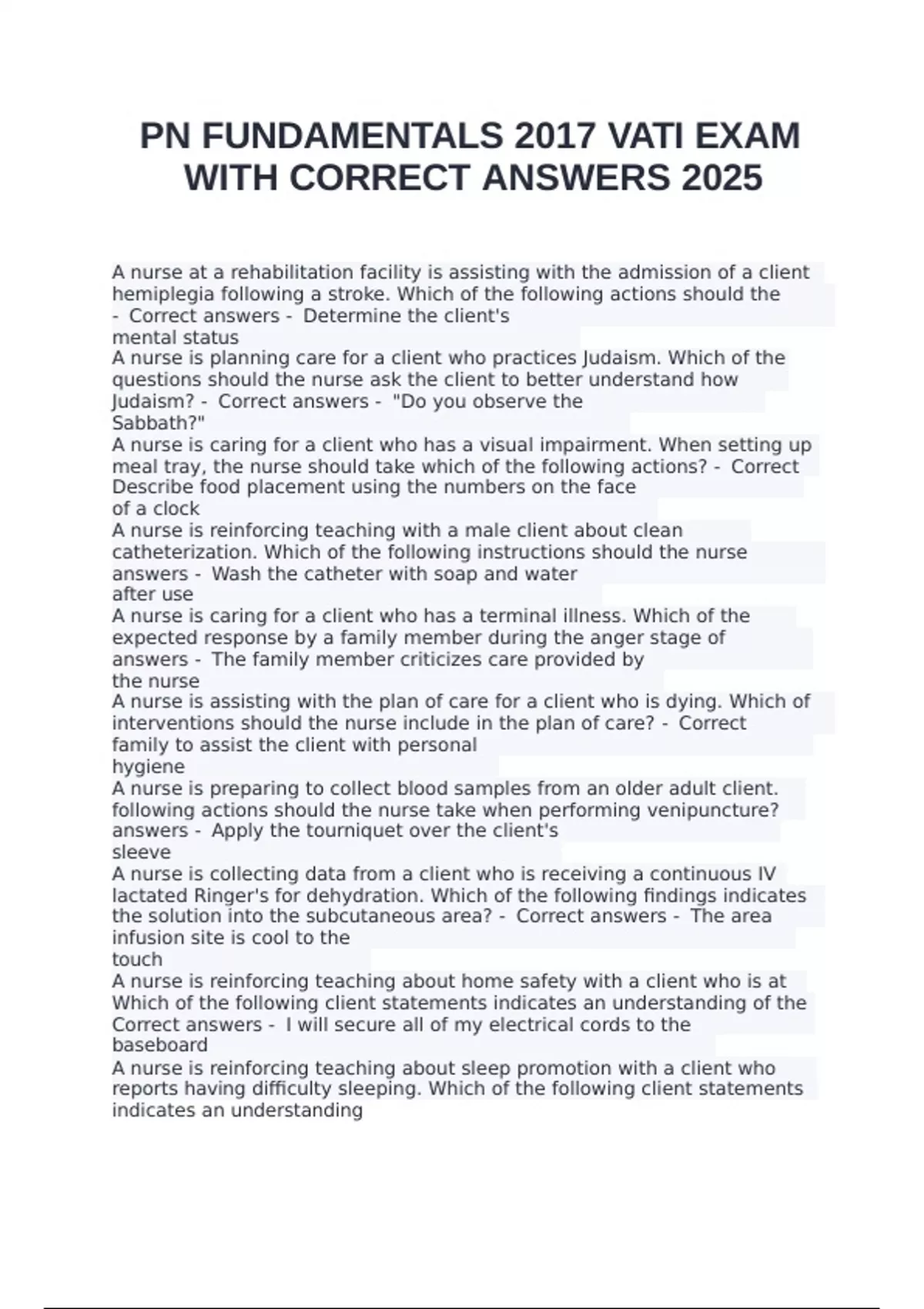 PN FUNDAMENTALS 2017 VATI EXAM WITH CORRECT ANSWERS 2025 - PN ...