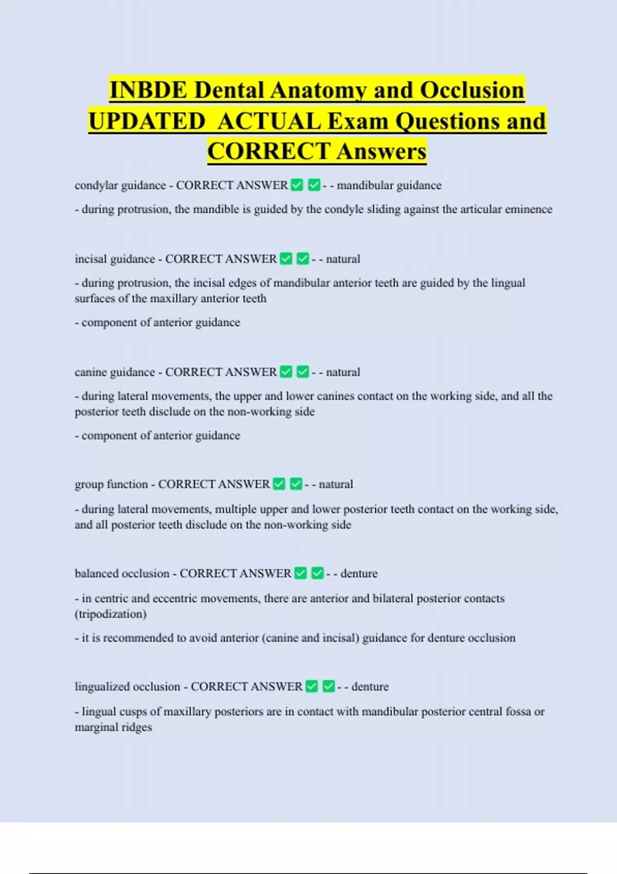 INBDE Dental Anatomy and Occlusion UPDATED ACTUAL Exam Questions and ...