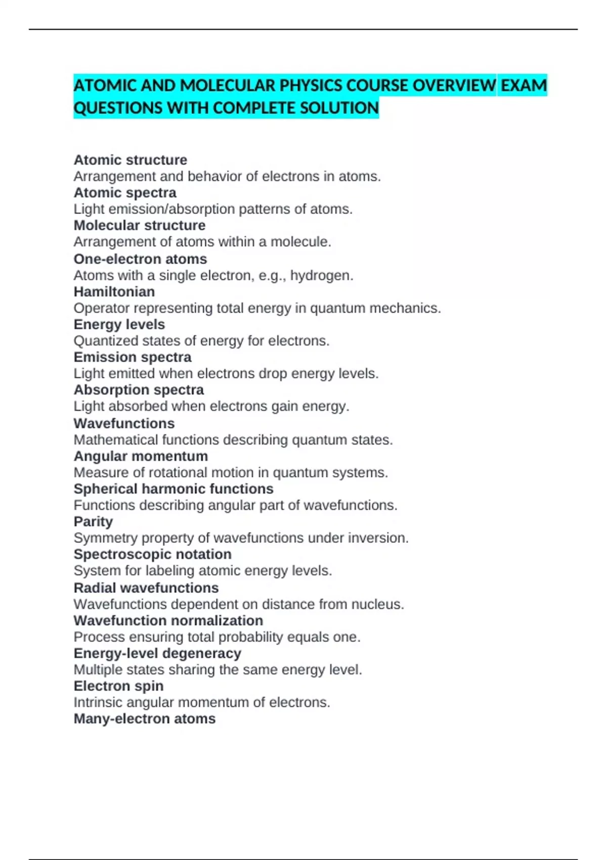 ATOMIC AND MOLECULAR PHYSICS COURSE OVERVIEW EXAM QUESTIONS WITH ...
