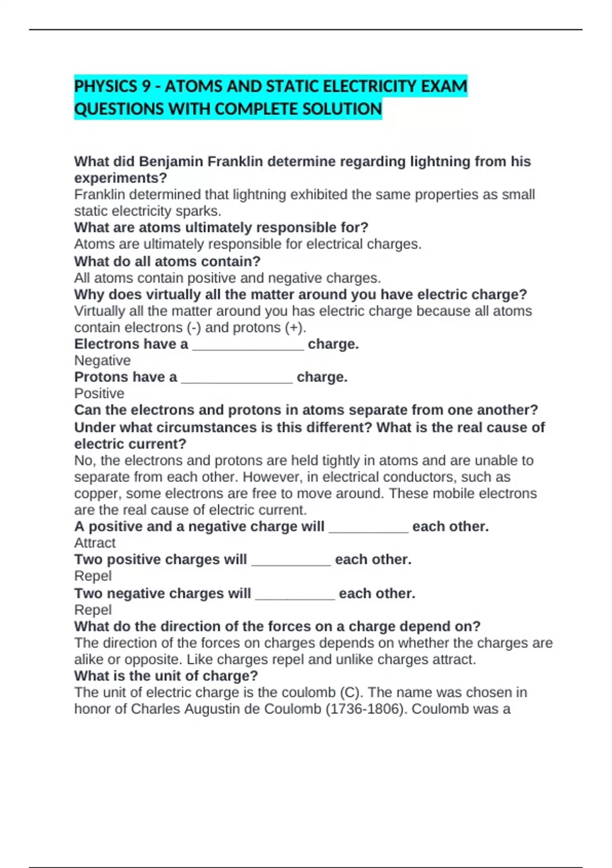 PHYSICS 9 - ATOMS AND STATIC ELECTRICITY EXAM QUESTIONS WITH COMPLETE ...