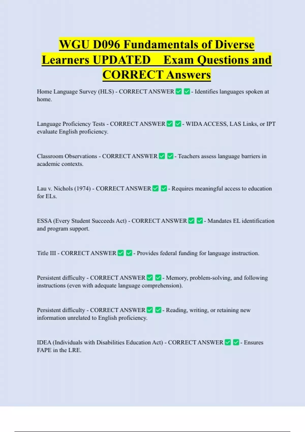 WGU D096 Fundamentals of Diverse Learners UPDATED Exam Questions and CORRECT Answers - WGU ...