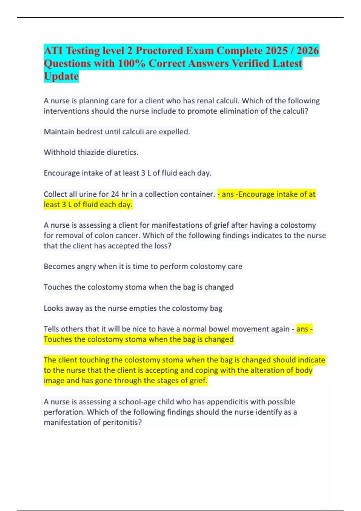 ATI Testing level 2 Proctored Exam Complete 2025 / 2026 Questions with ...