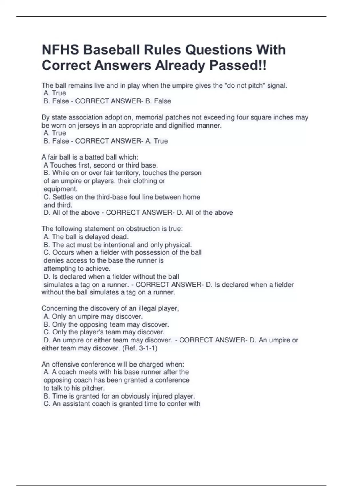 NFHS Baseball Rules Questions With Correct Answers Already Passed ...