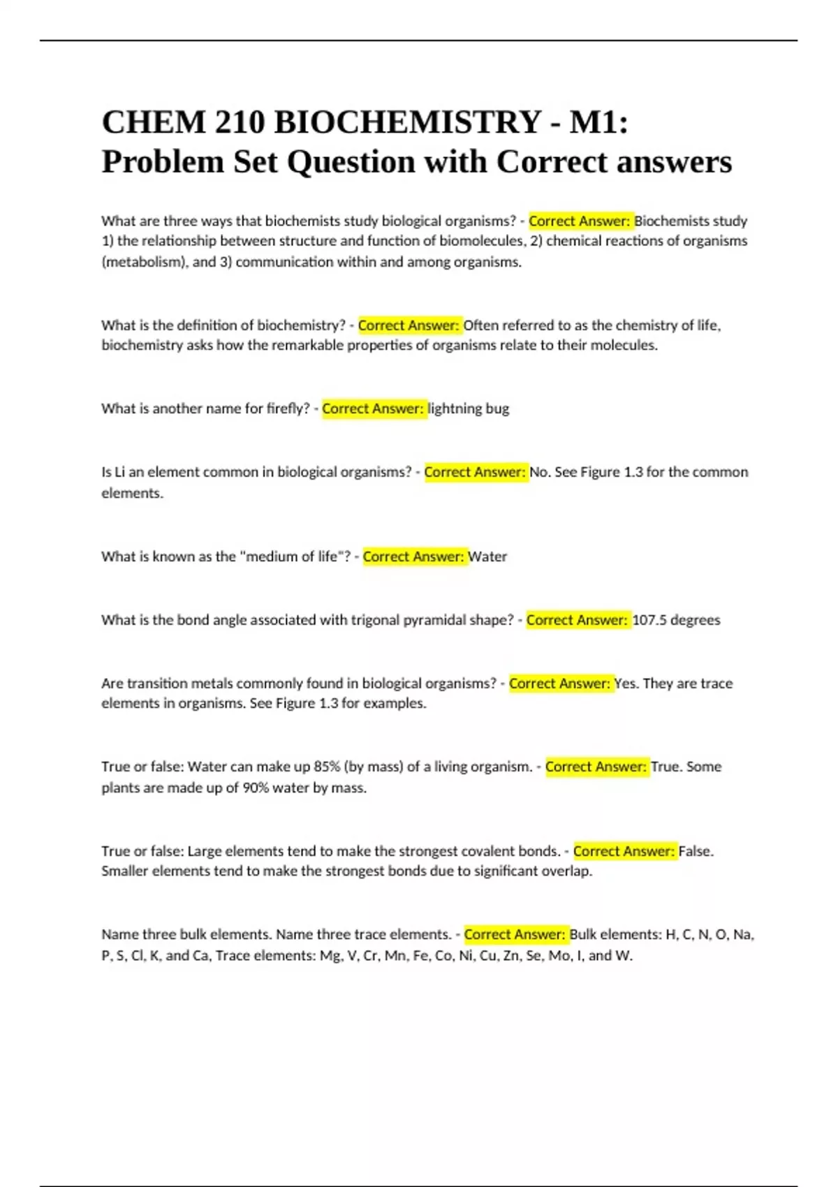 Biochemistry M2 Exam Question with Correct answer - CHEM 210 ...