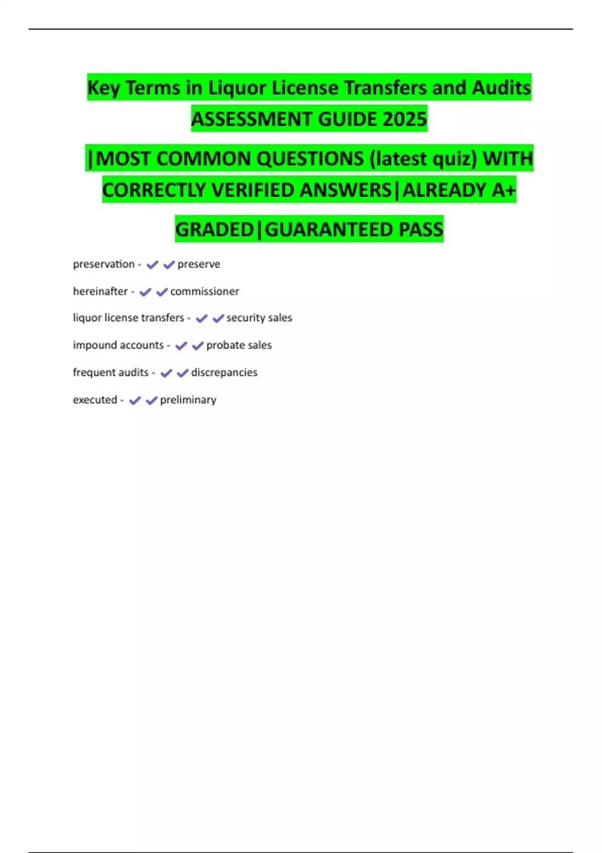 Key Terms in Liquor License Transfers and Audits ASSESSMENT GUIDE 2025 ...