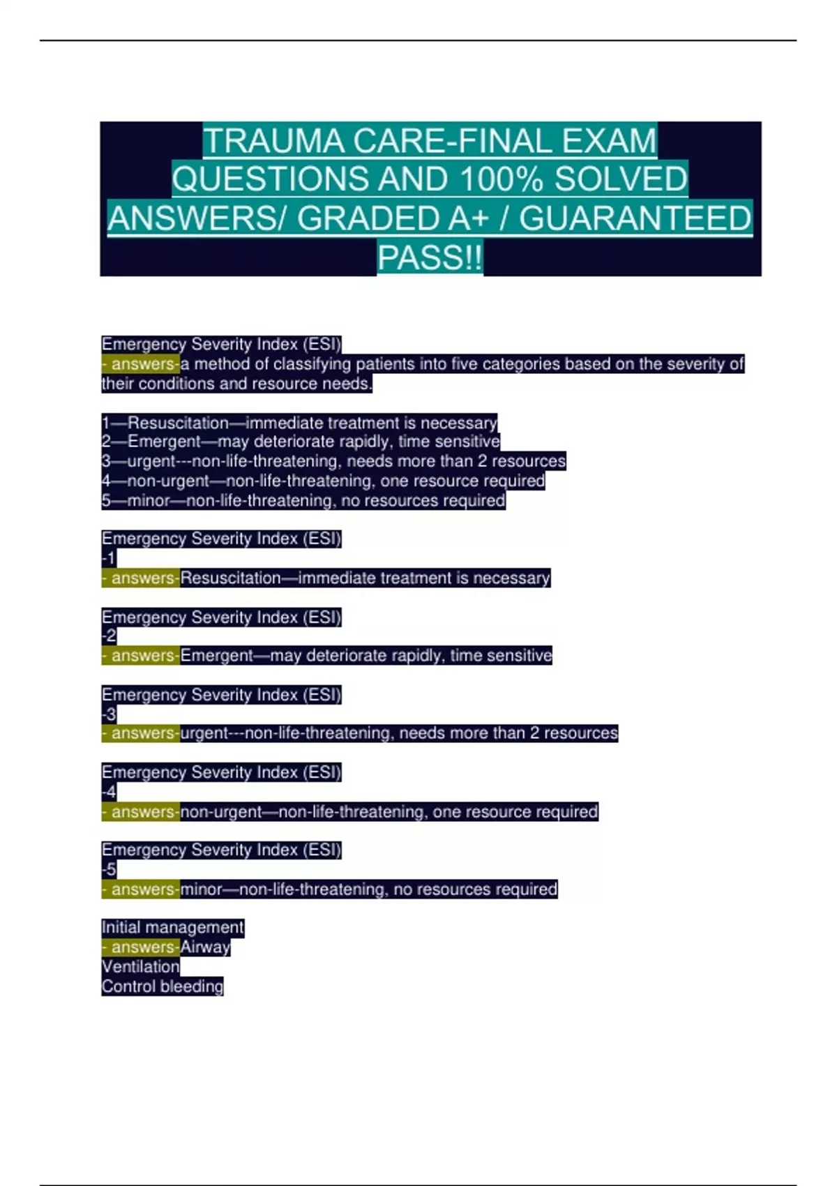 TRAUMA CARE FINAL EXAM 2025 – 100% SOLVED ANSWERS | GUARANTEED A+ ...