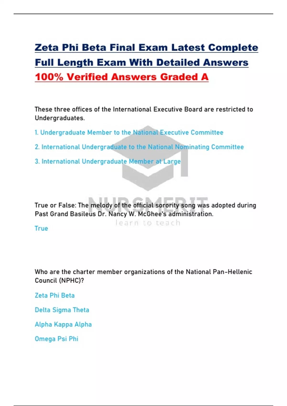 Zeta Phi Beta Final Exam Latest 2025 Complete Full Length Exam With ...
