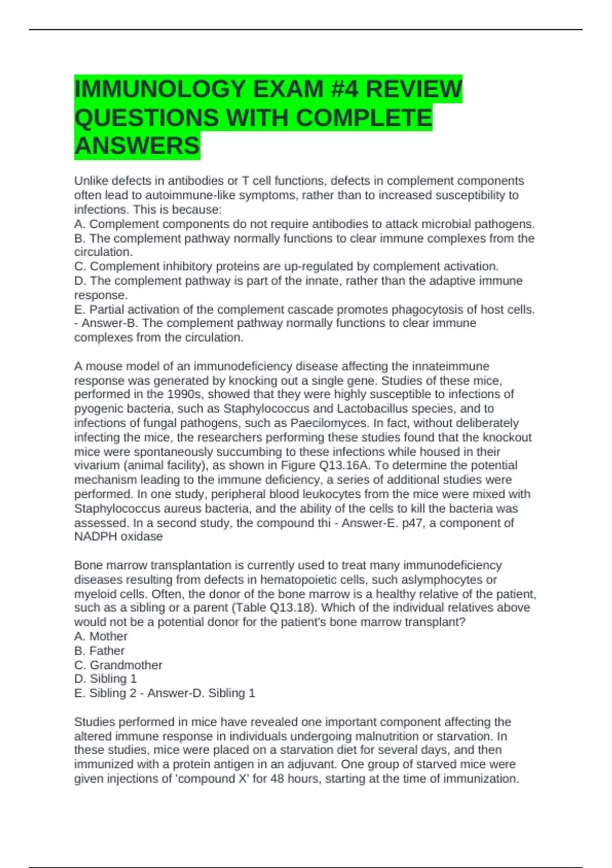 IMMUNOLOGY EXAM #4 REVIEW QUESTIONS WITH COMPLETE ANSWERS - IMMUNOLOGY ...