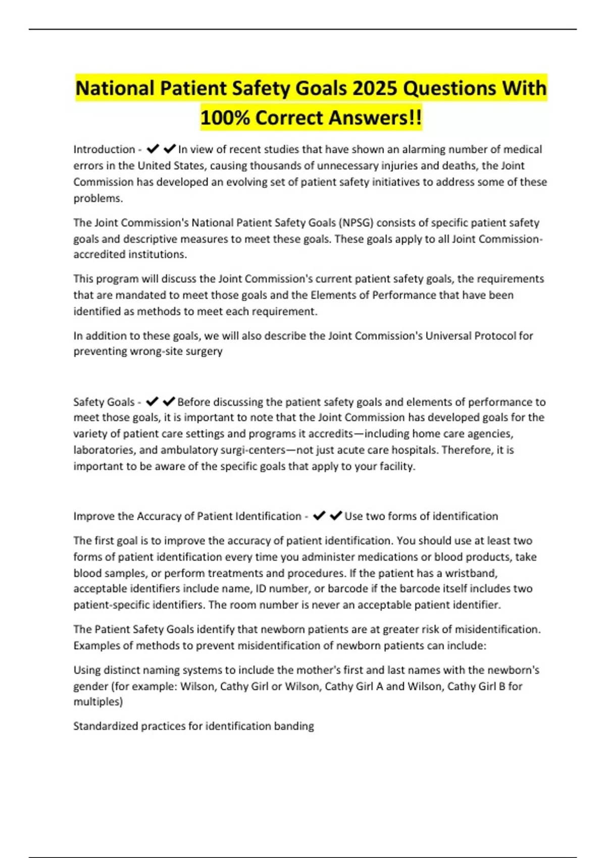 National Patient Safety Goals 2025 Questions With 100% Correct Answers ...