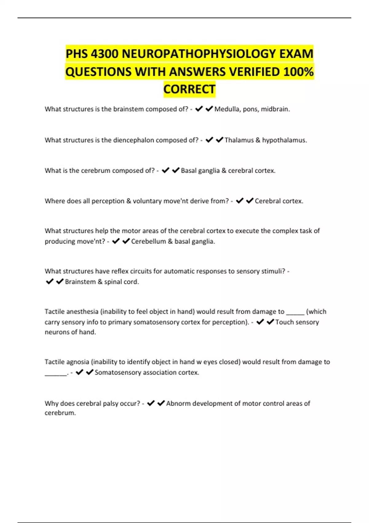 PHS 4300 NEUROPATHOPHYSIOLOGY EXAM QUESTIONS WITH ANSWERS VERIFIED 100% ...