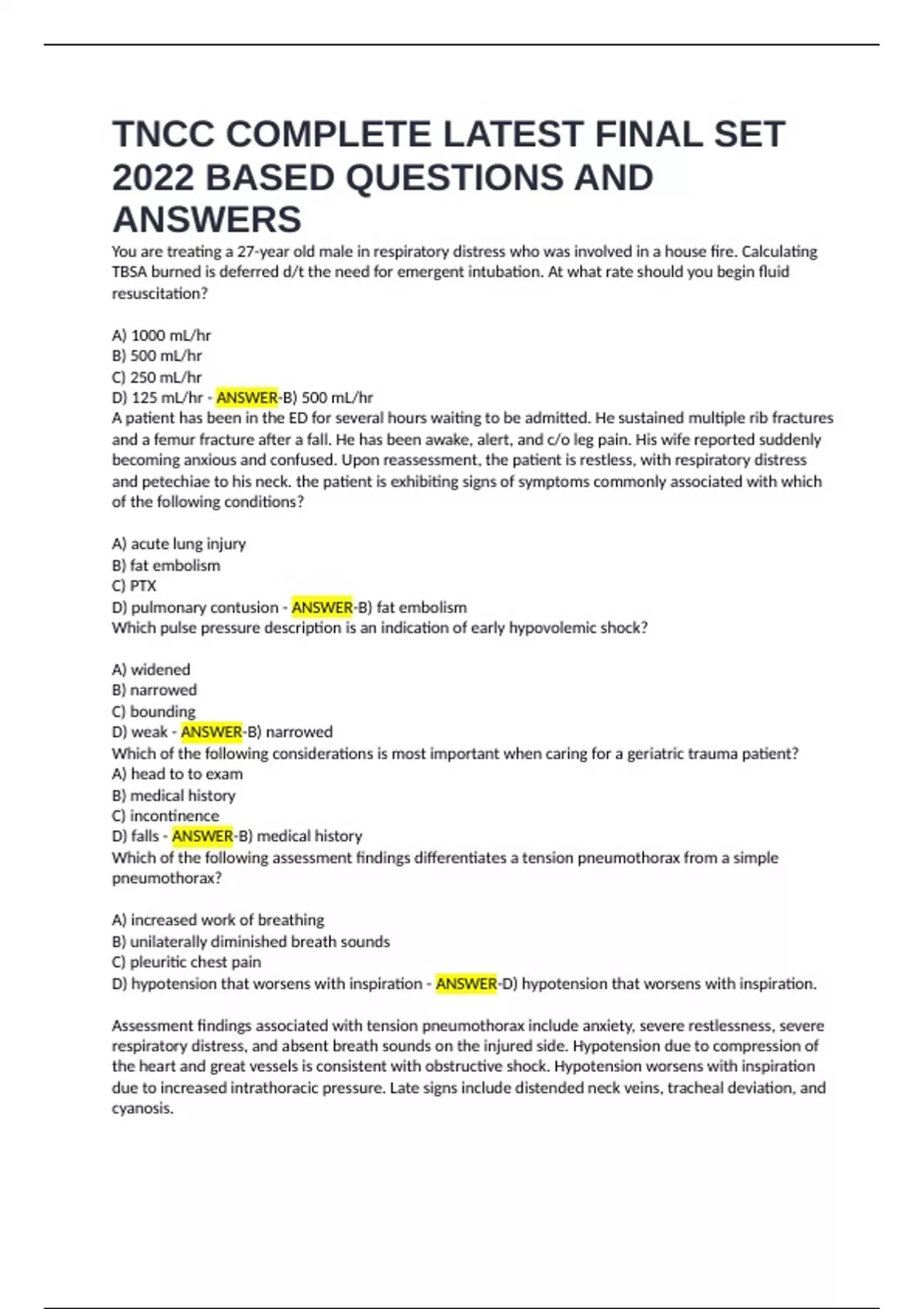 TNCC COMPLETE LATEST FINAL SET 2022 BASED QUESTIONS AND ANSWERS - TNCC ...