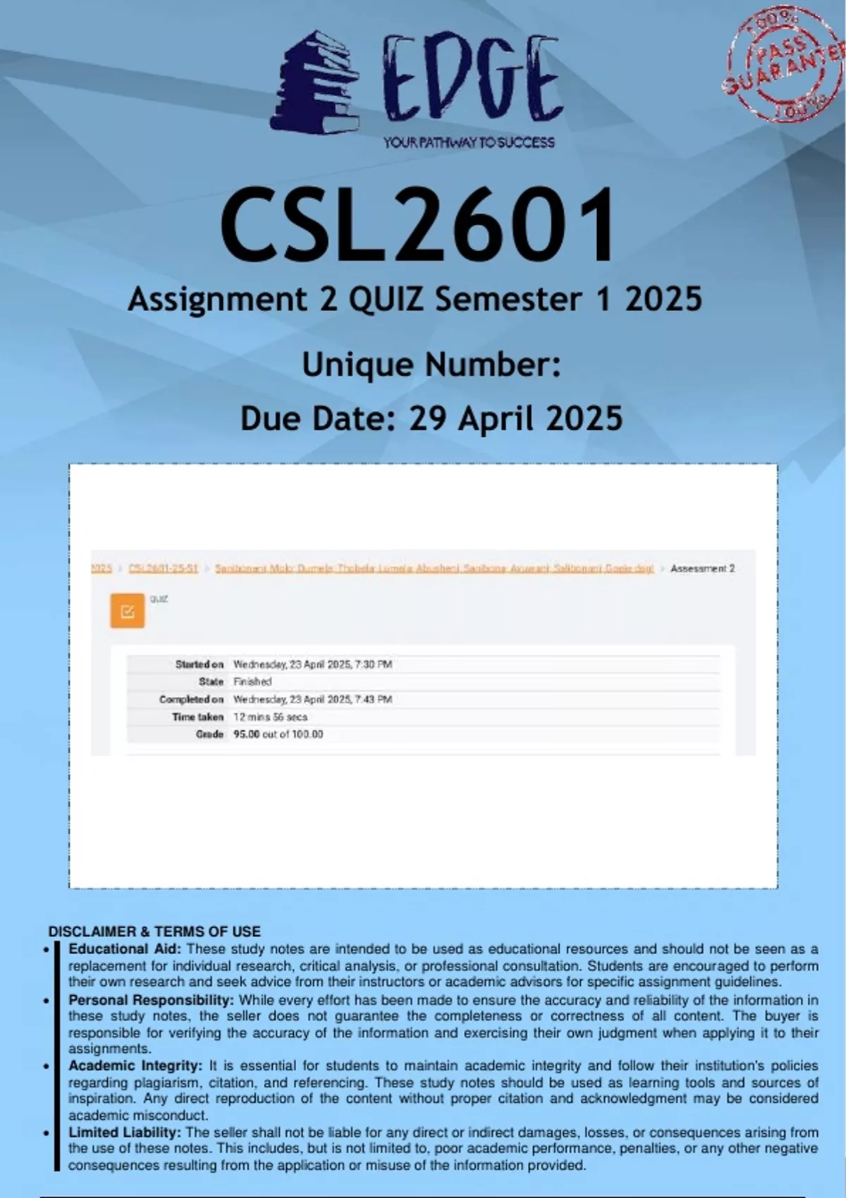 CSL2601 Assignment 2 (ANSWERS) Semester 1 2025 - DISTINCTION GUARANTEED ...