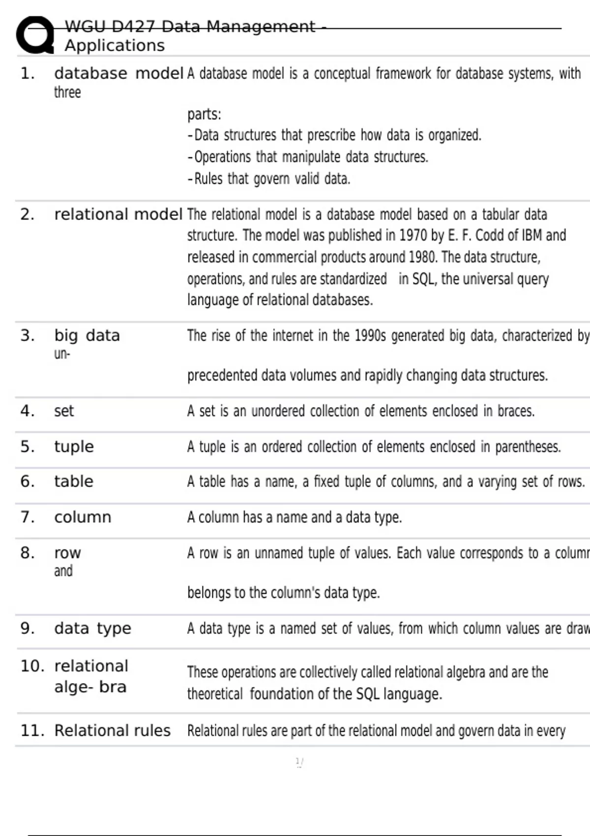 WGU - D427 - Data Management - Applications – Pre Assessment Question and answers verified to ...