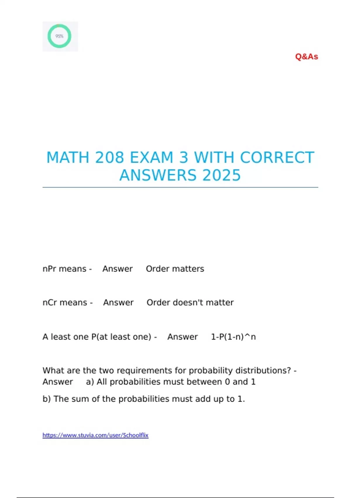 MATH 208 EXAM 3 WITH CORRECT ANSWERS 2025 - Math 208 - Stuvia US