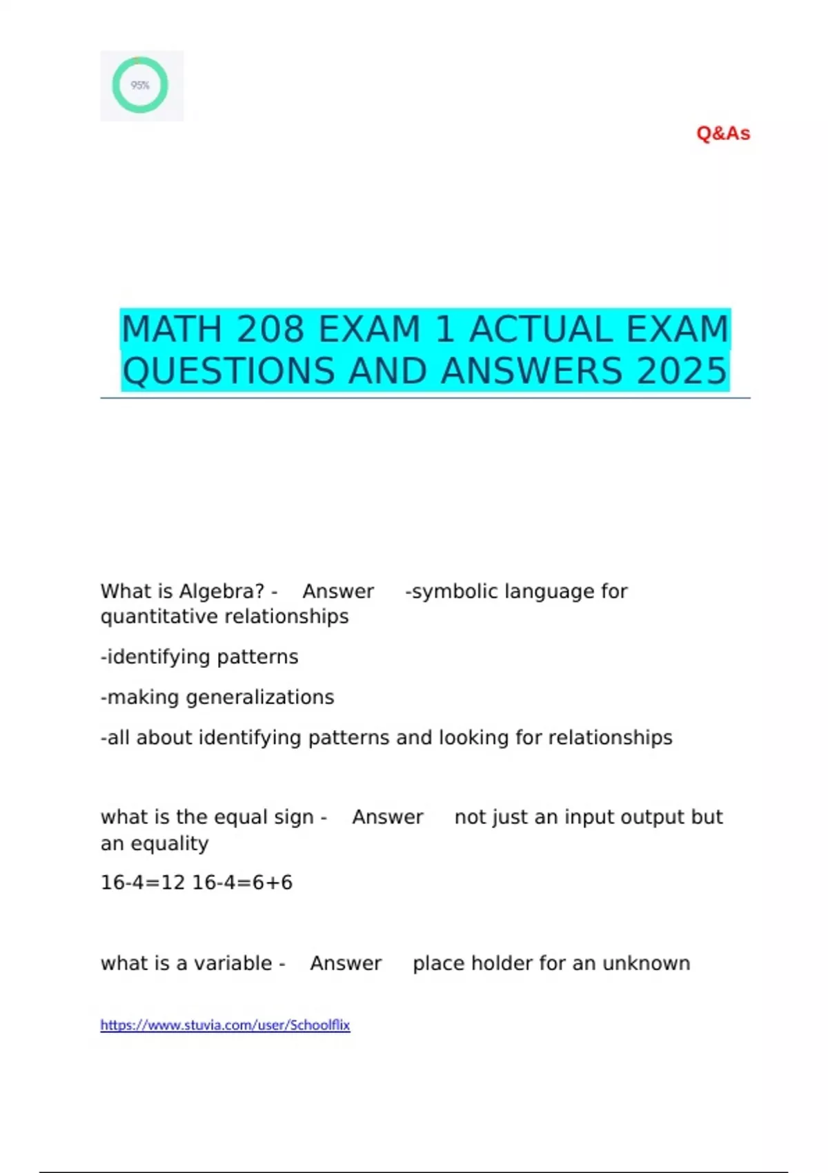 MATH 208 EXAM 1 ACTUAL EXAM QUESTIONS AND ANSWERS 2025 - Math 208 - Stuvia US