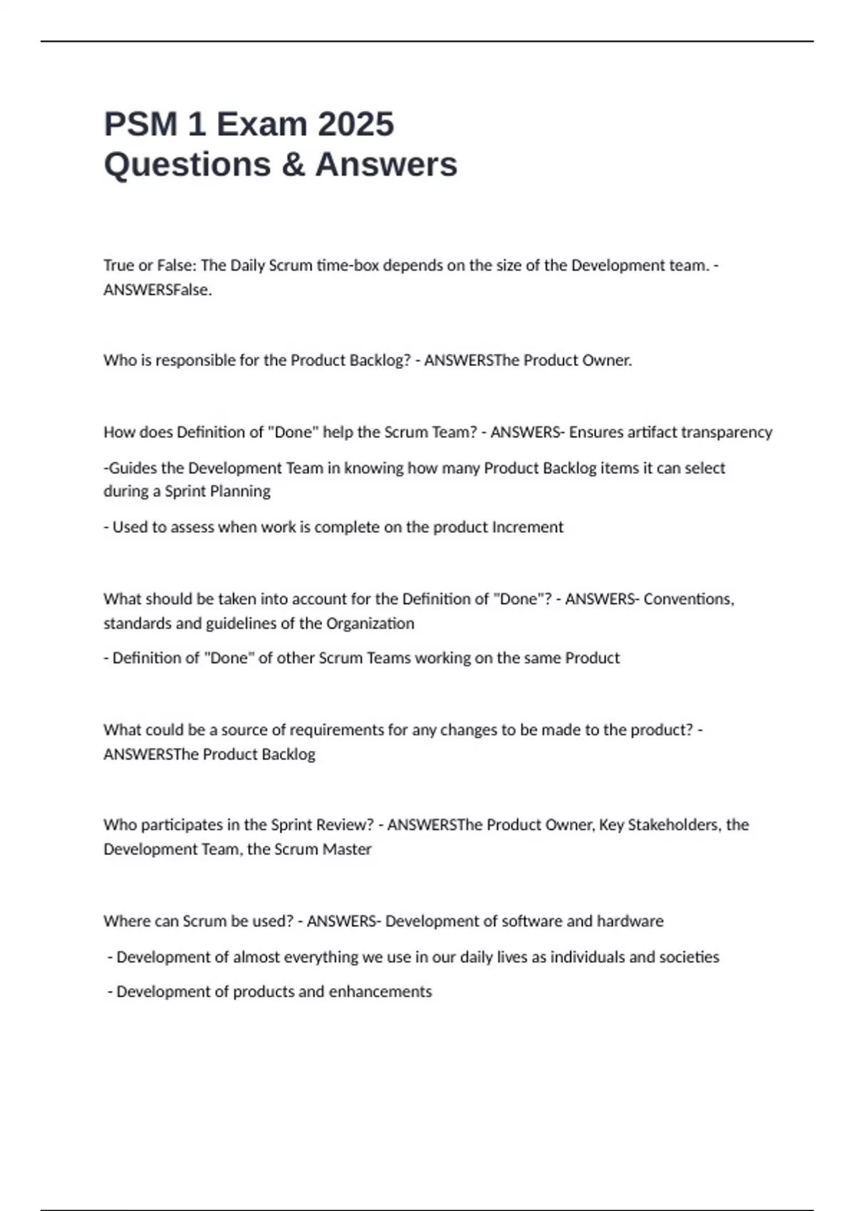 PSM 1 Exam 2025 Questions & Answers - PSM 1 - Stuvia US