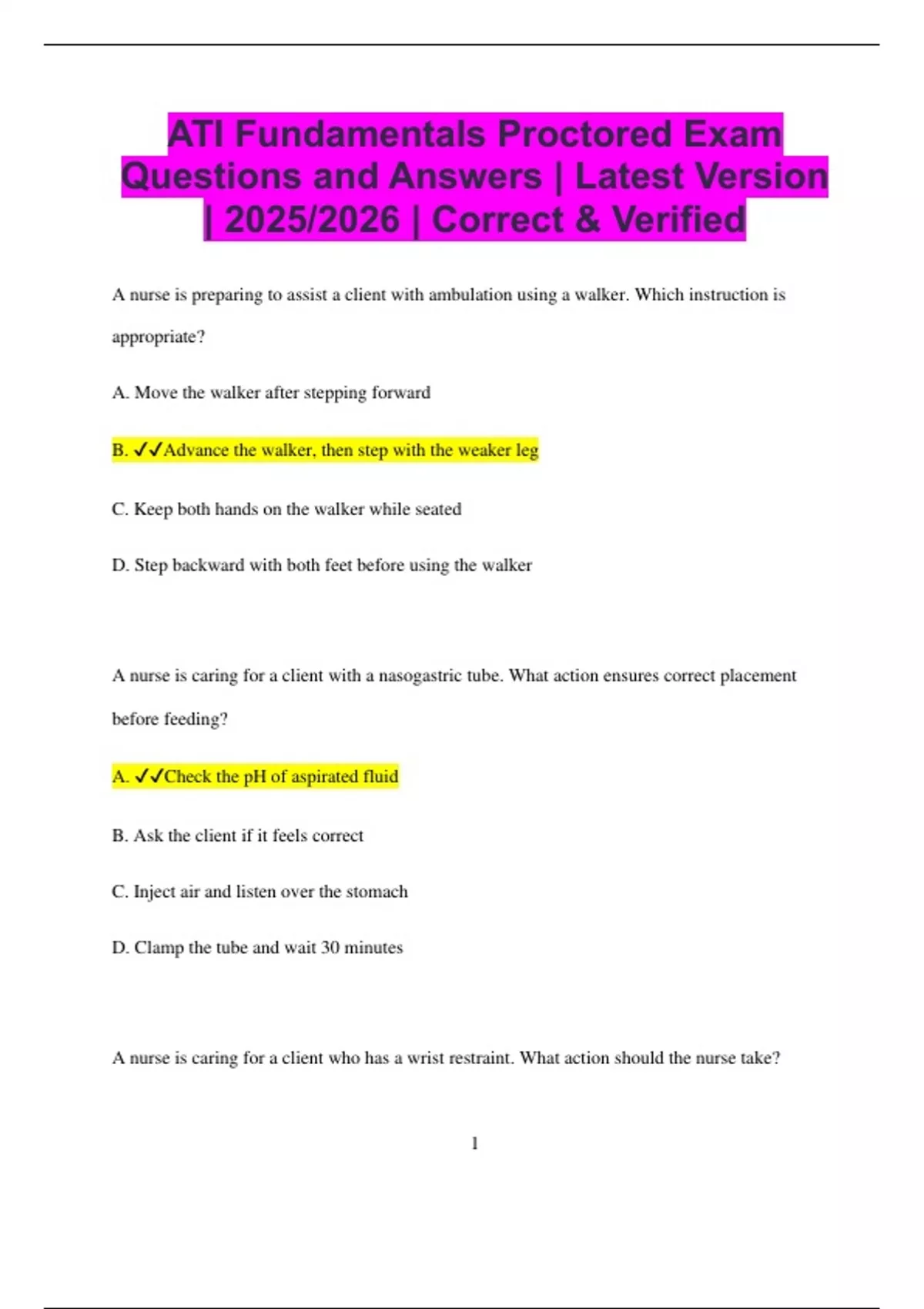 ATI Fundamentals Proctored Exam Questions and Answers | Latest Version ...
