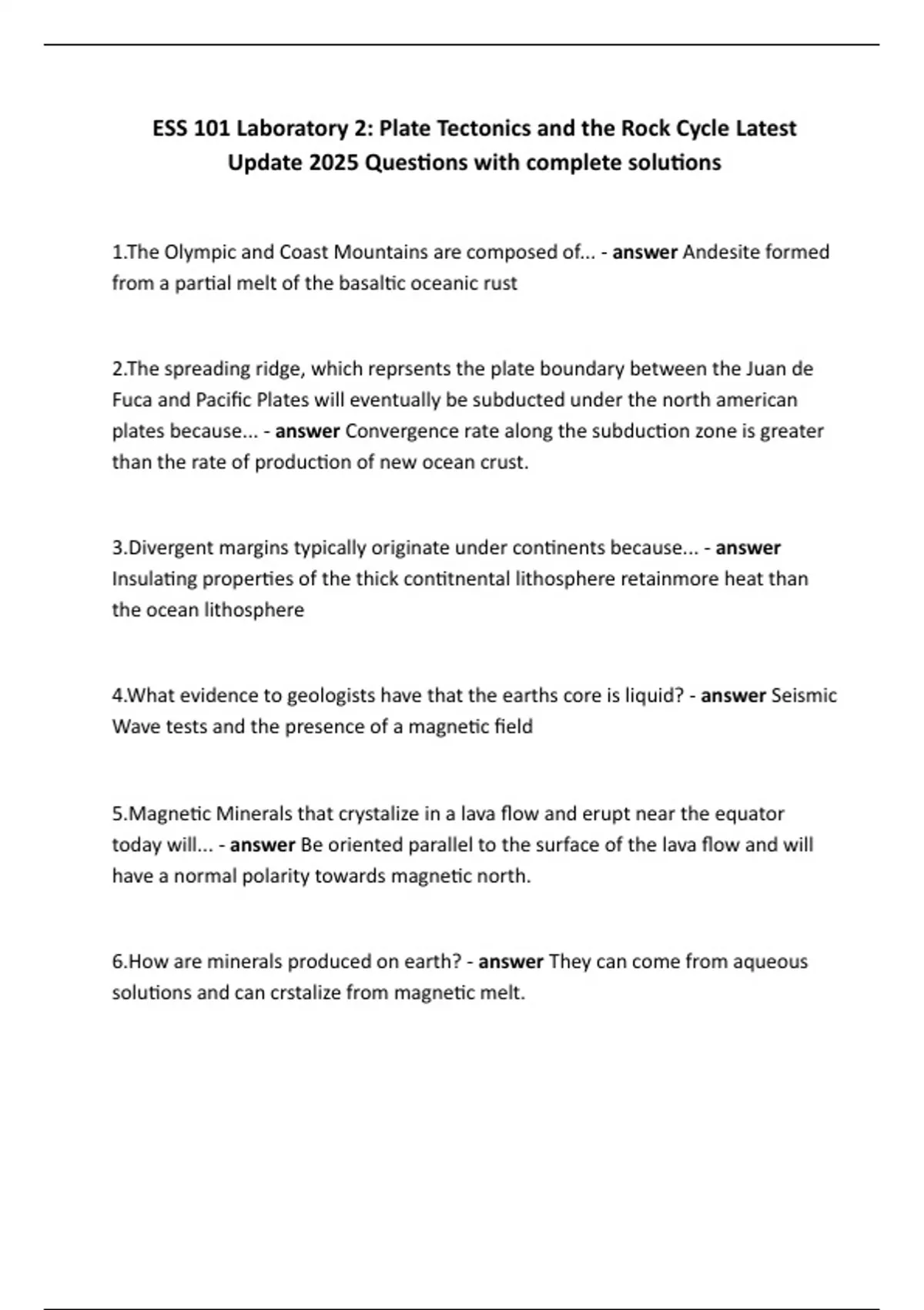 ESS 101 Laboratory 2: Plate Tectonics and the Rock Cycle Latest Update ...