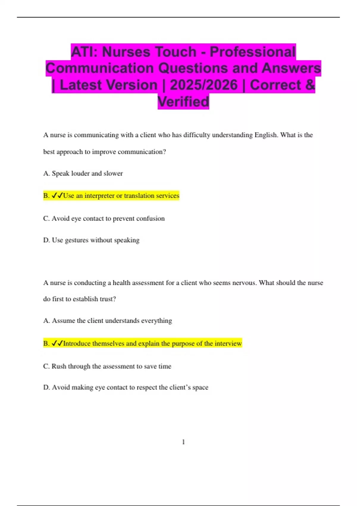 ATI: Nurses Touch - Professional Communication Questions and Answers ...