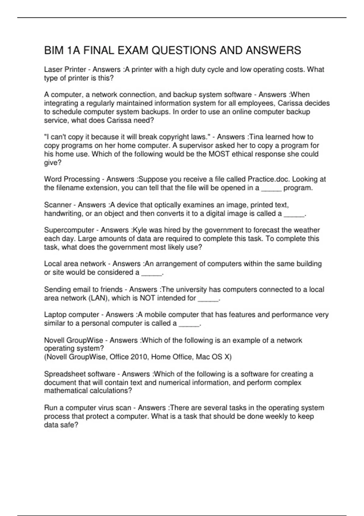 BIM 1A FINAL EXAM QUESTIONS AND ANSWERS - BIM 1A - Stuvia US