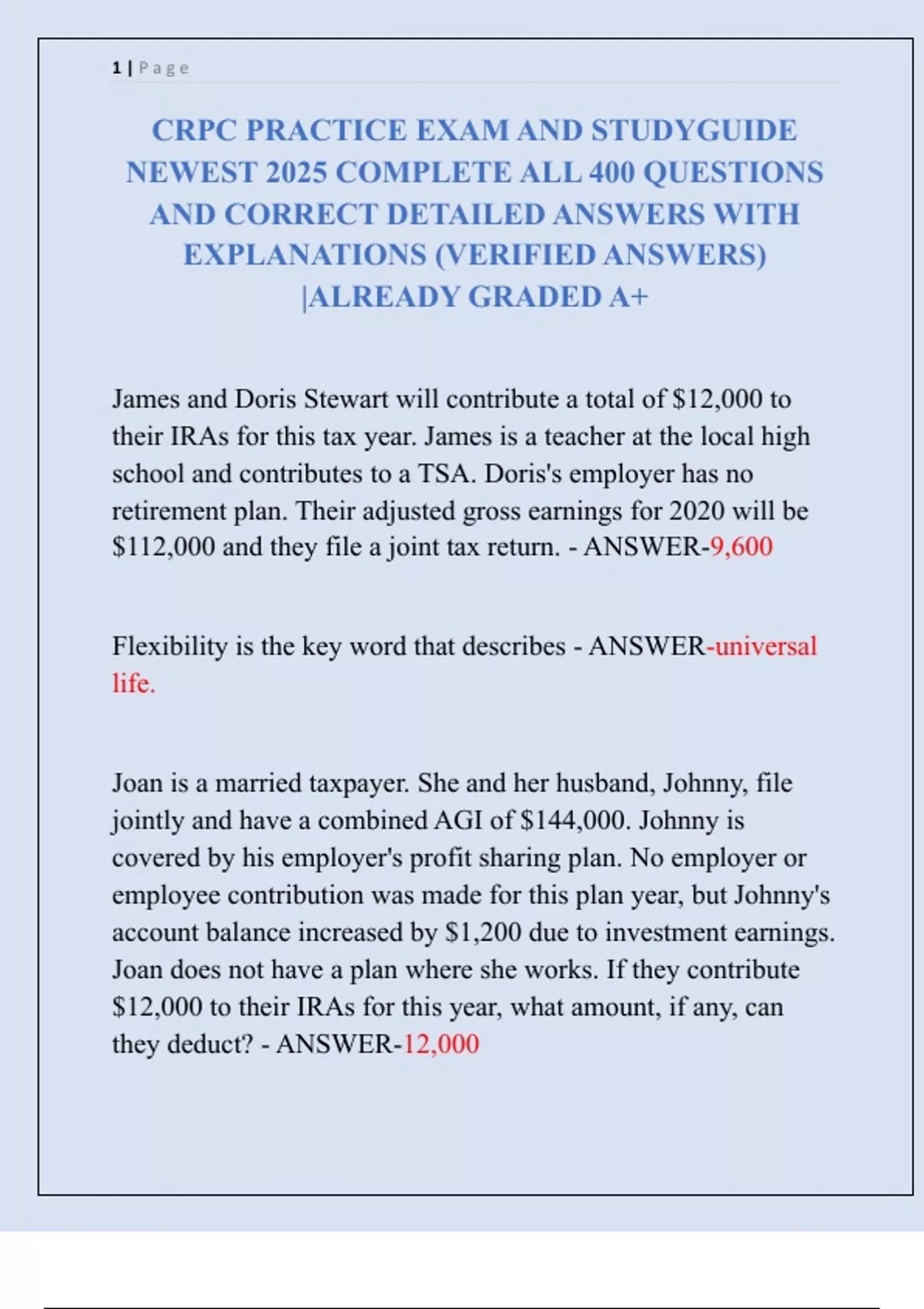 CRPC PRACTICE EXAM AND STUDYGUIDE NEWEST 2025 COMPLETE ALL 400 QUESTIONS AND CORRECT DETAILED ...