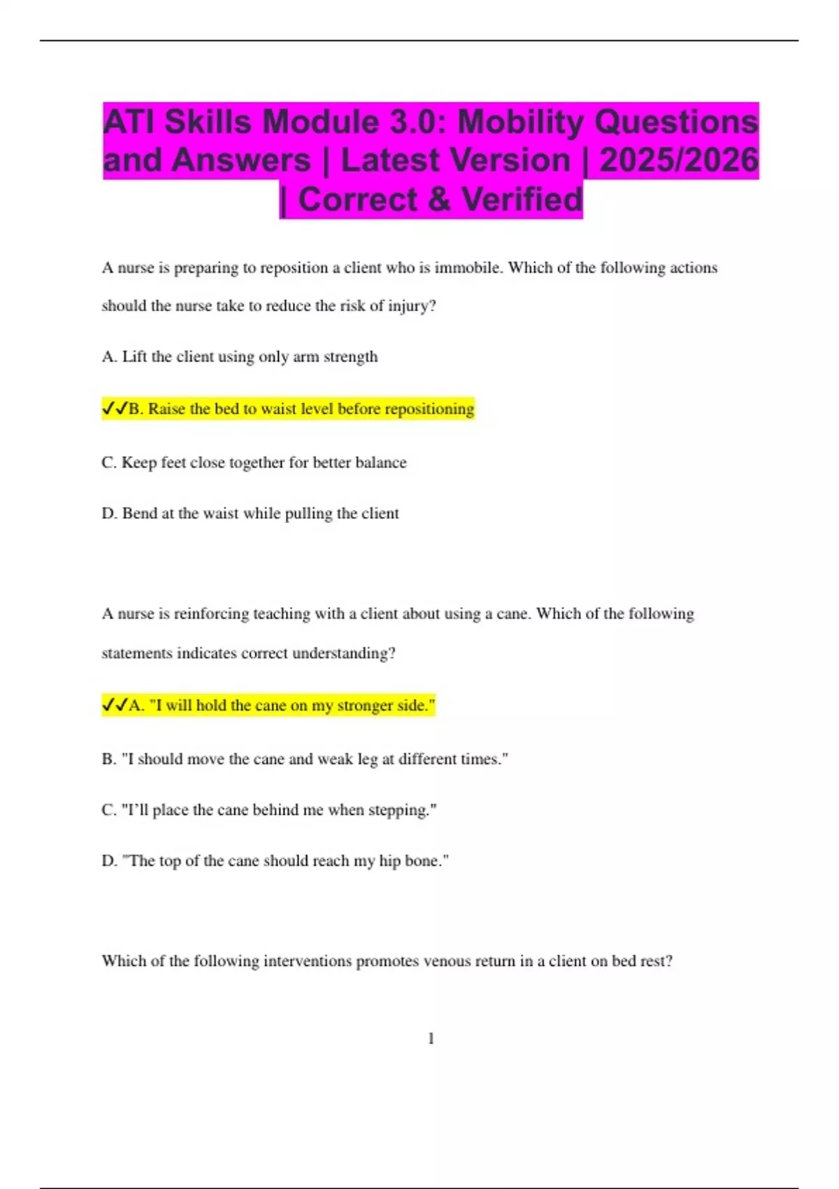 ATI Skills Module 3.0: Mobility Questions and Answers | Latest Version ...
