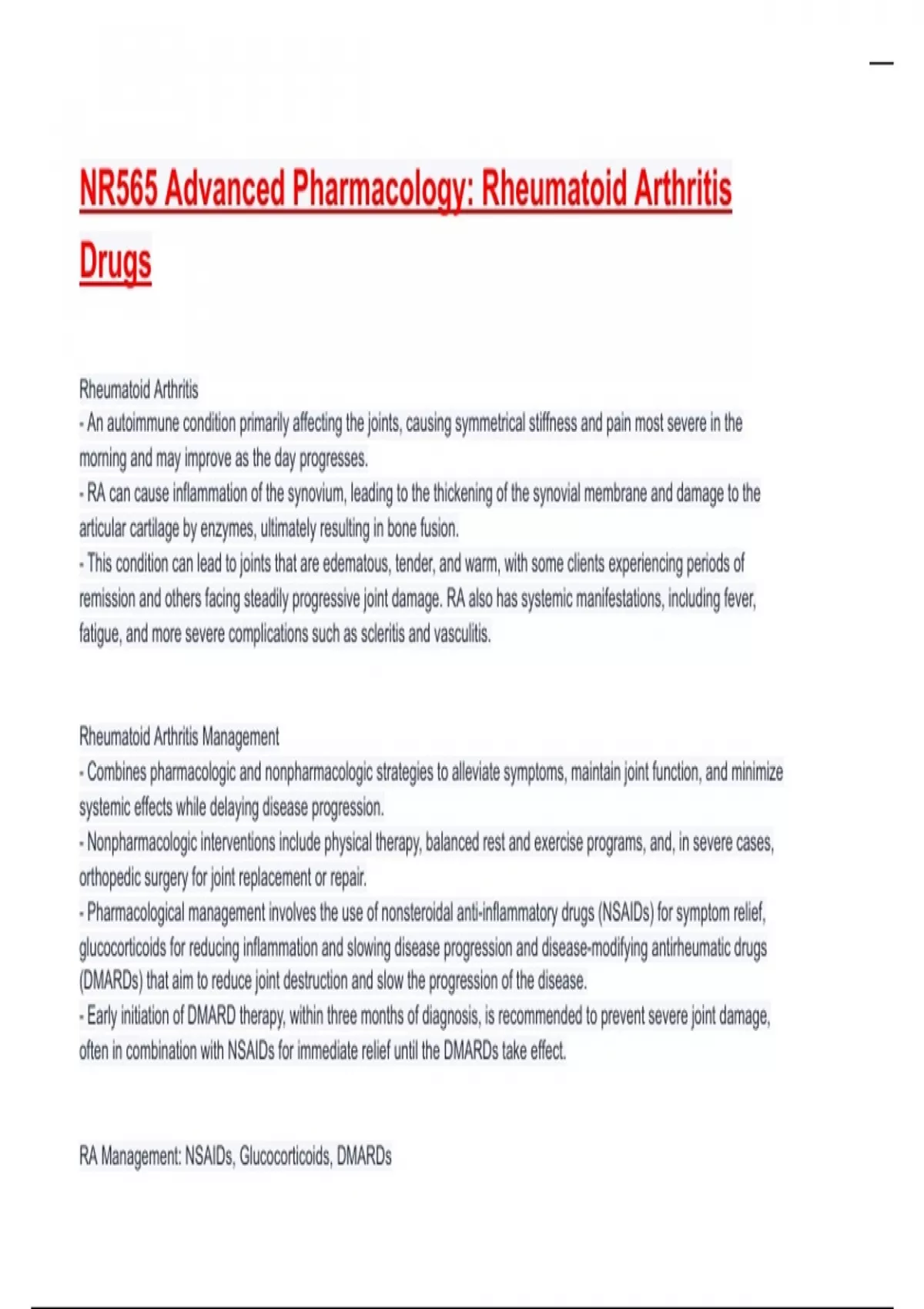 NR565 Advanced Pharmacology: Rheumatoid Arthritis Drugs Exam 2025/2026 ...