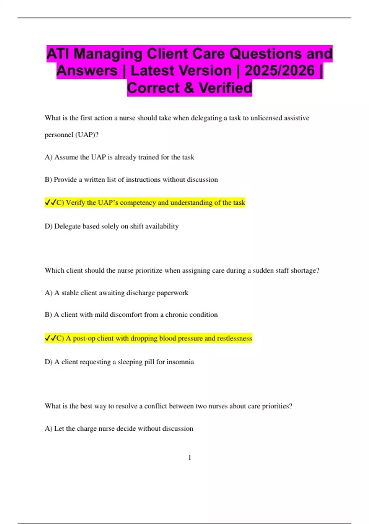 ATI Managing Client Care Questions and Answers | Latest Version | 2025/ ...