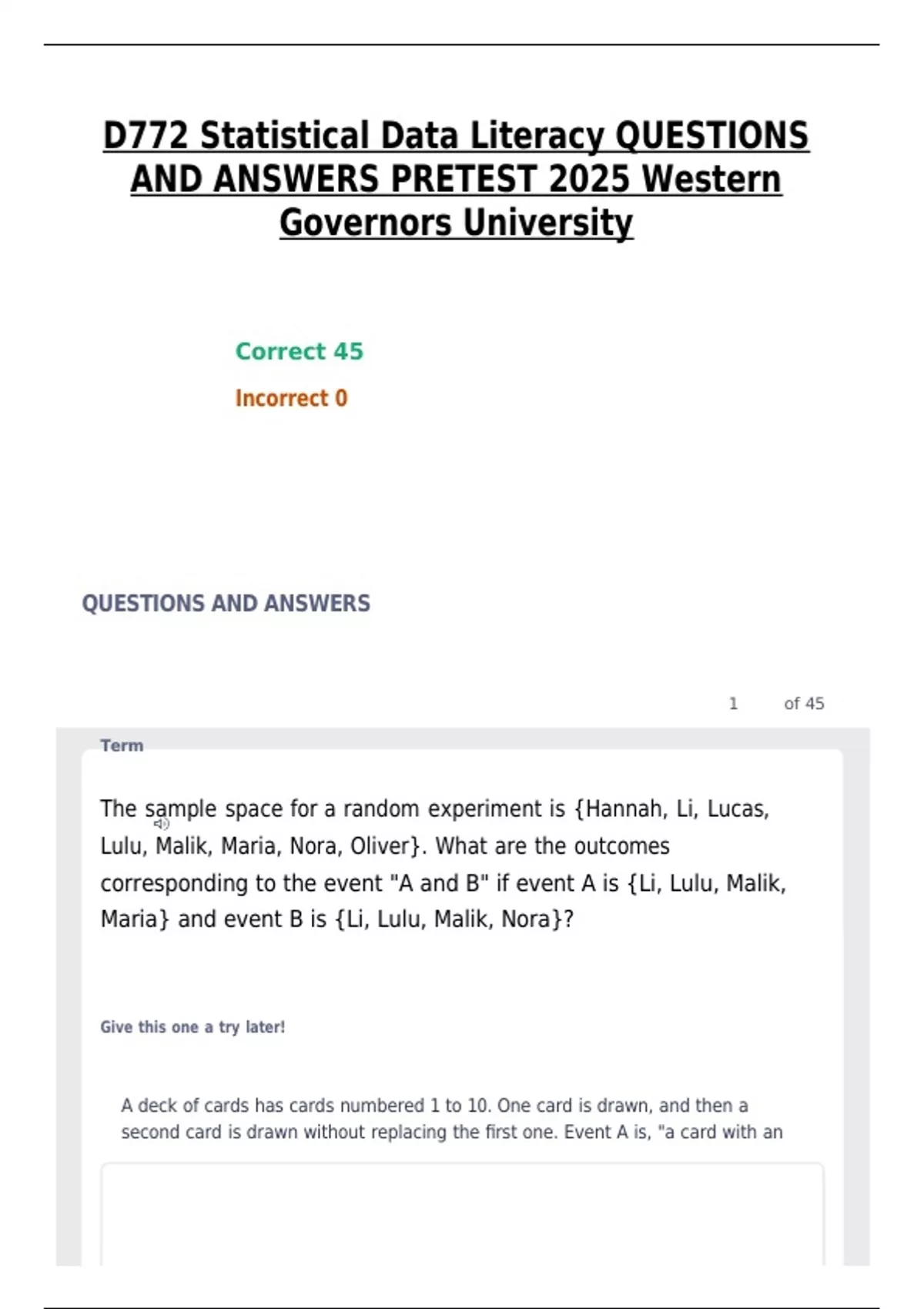 D772 Statistical Data Literacy QUESTIONS AND ANSWERS PRETEST 2025 ...