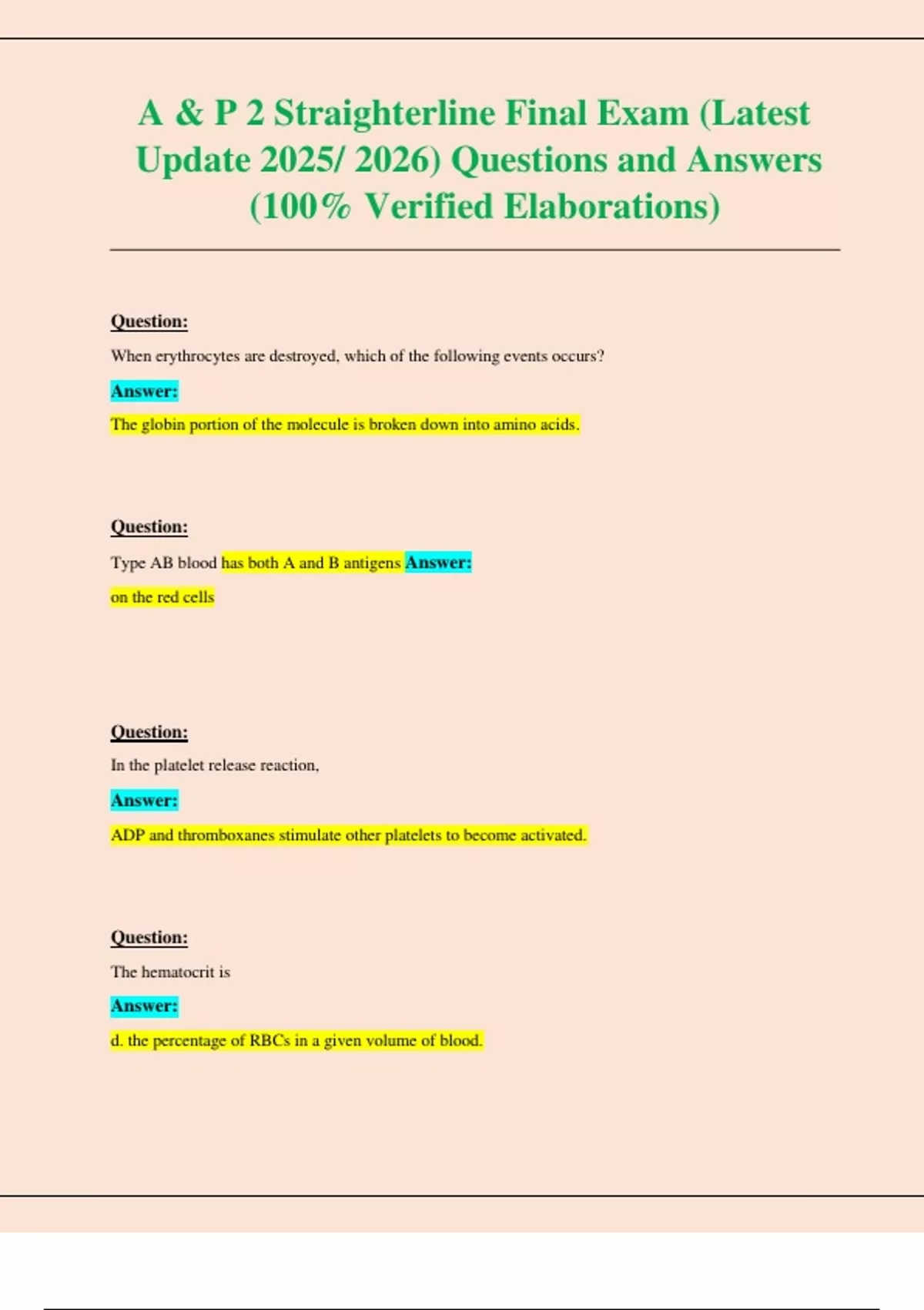 A & P 2 Straighterline Final Exam (Latest Update 2025/ 2026) Questions ...