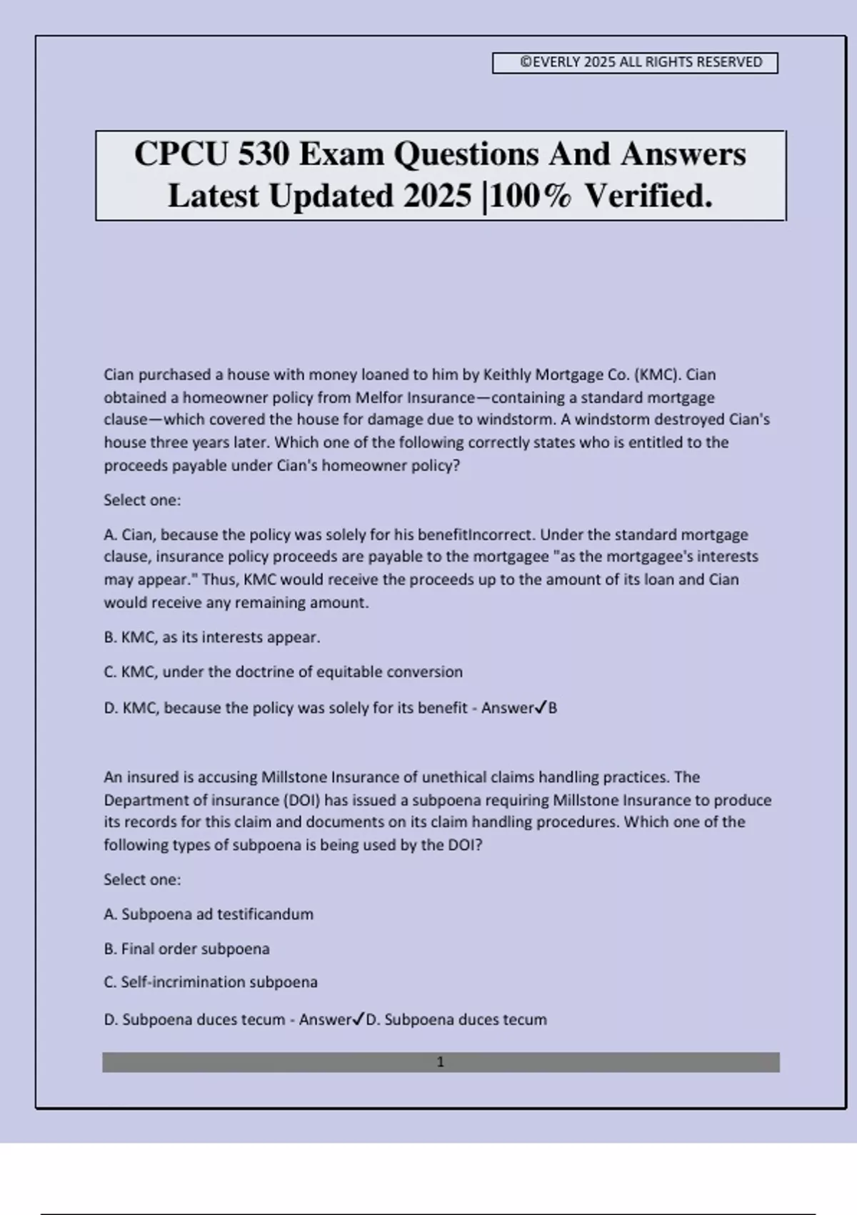 CPCU 530 Exam Questions And Answers Latest Updated 2025 |100% Verified ...