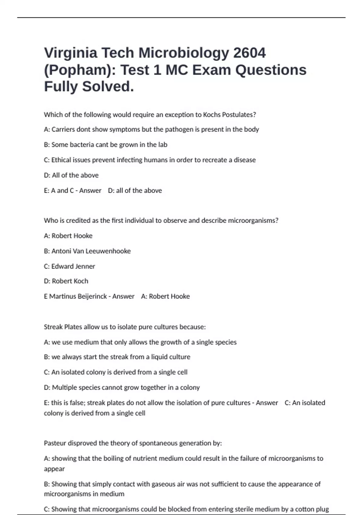 Virginia Tech Microbiology 2604 (Popham): Test 1 MC Exam Questions ...
