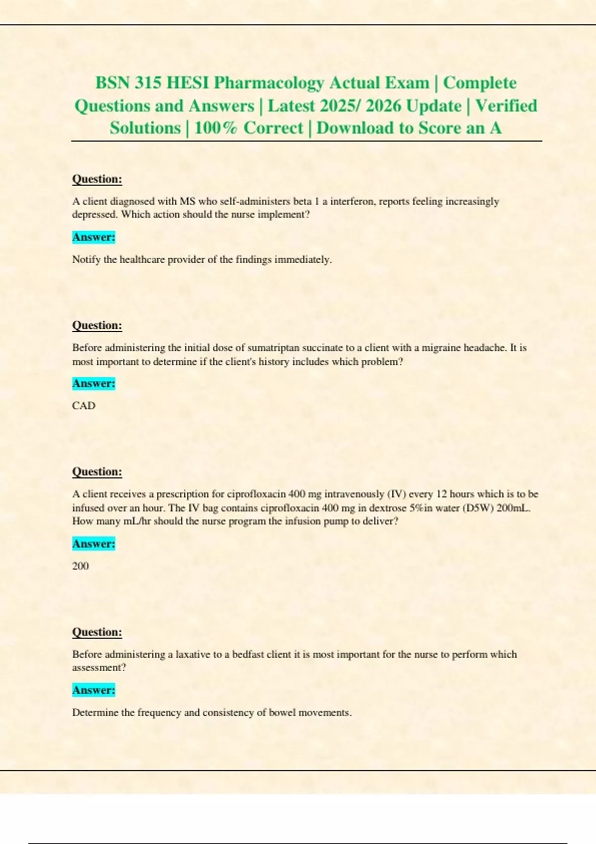 BSN 315 HESI Pharmacology Actual Exam | Complete Questions and Answers ...