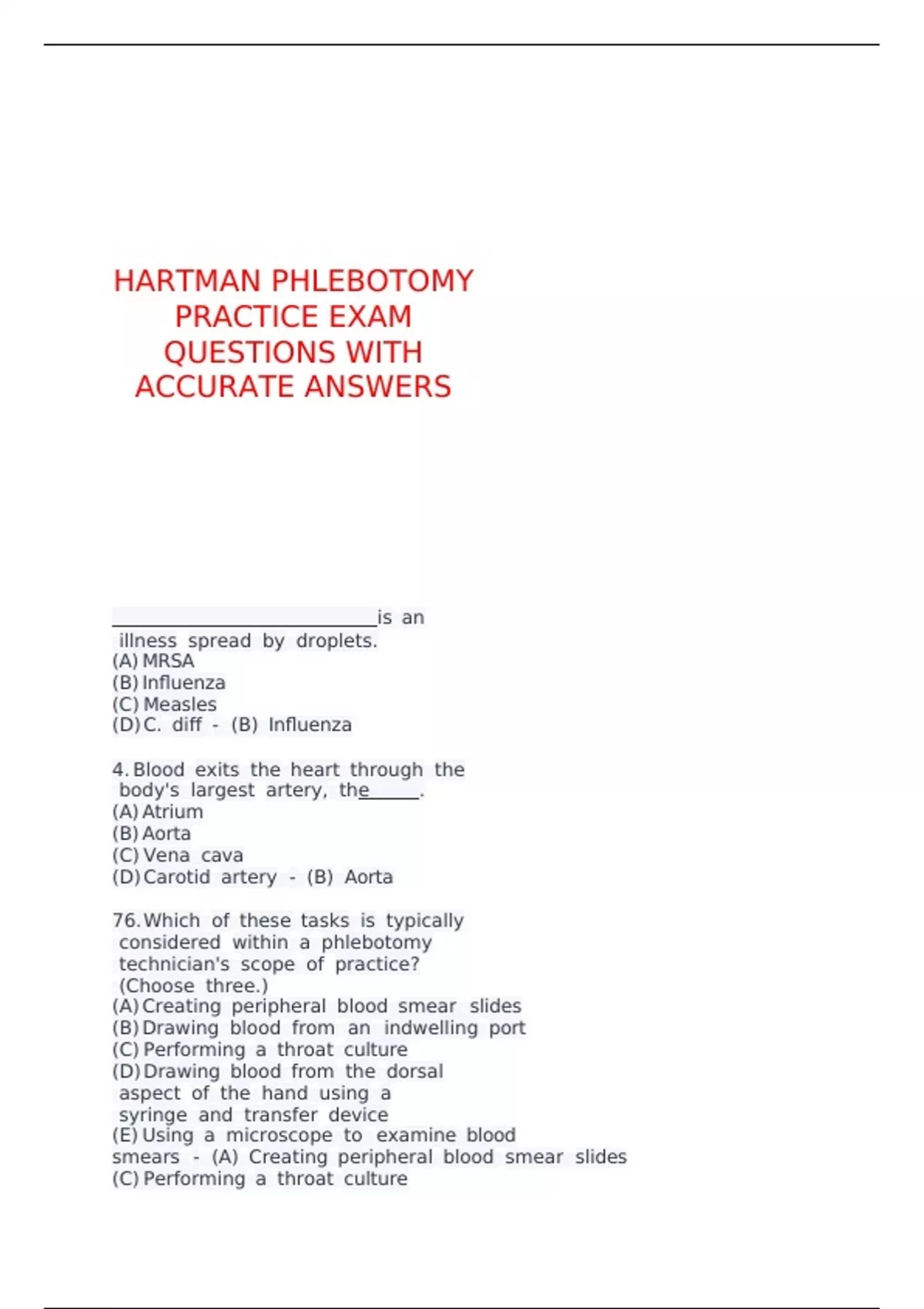 HARTMAN PHLEBOTOMY PRACTICE EXAM QUESTIONS WITH ACCURATE ANSWERS ...