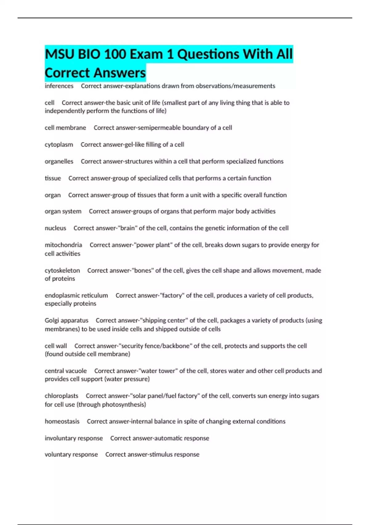 MSU BIO 100 Exam 1 Questions With All Correct Answers - Bio 100 - Stuvia US