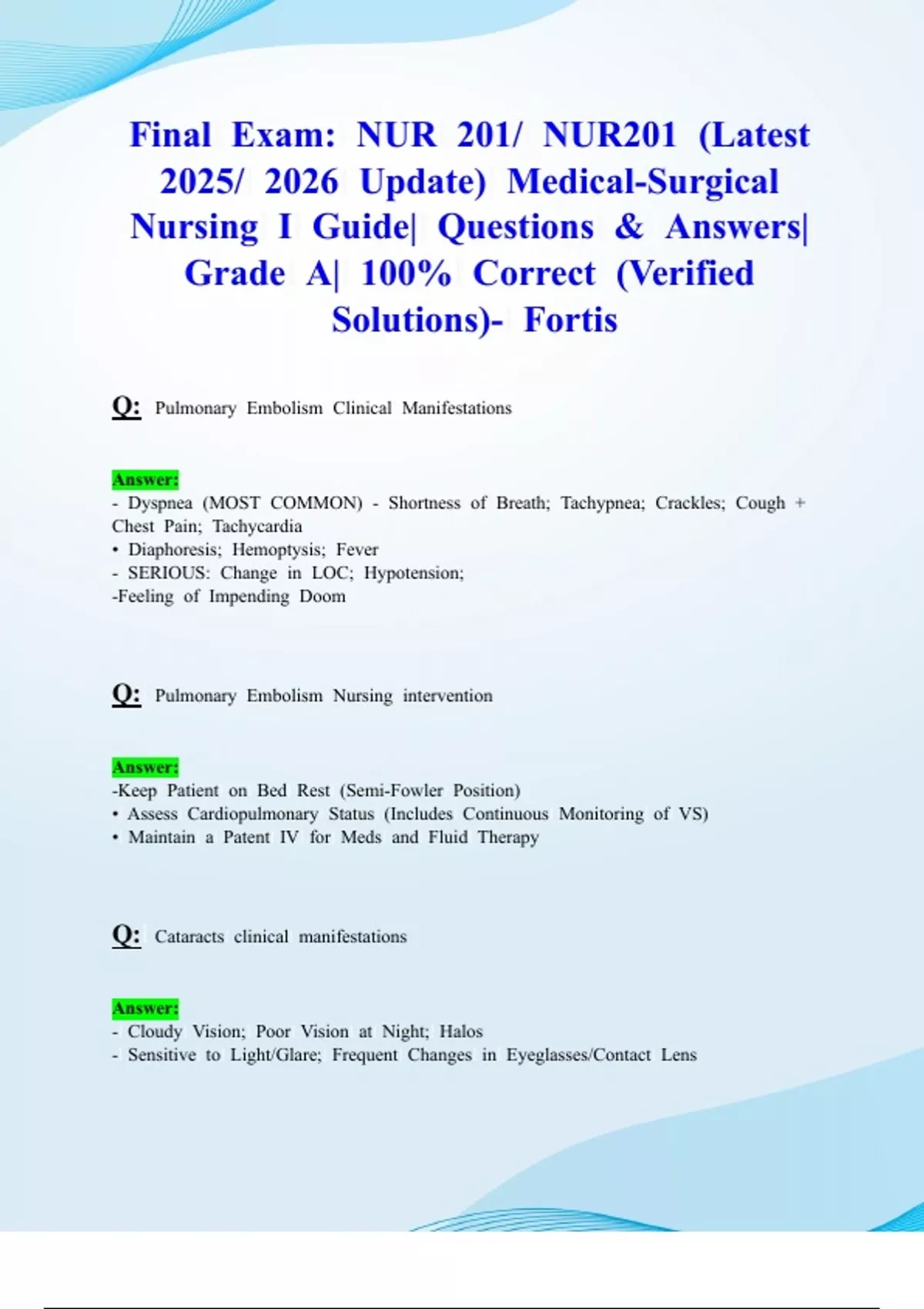 Final Exam: NUR 201/ NUR201 (Latest 2025/ 2026 Update) Medical-Surgical ...