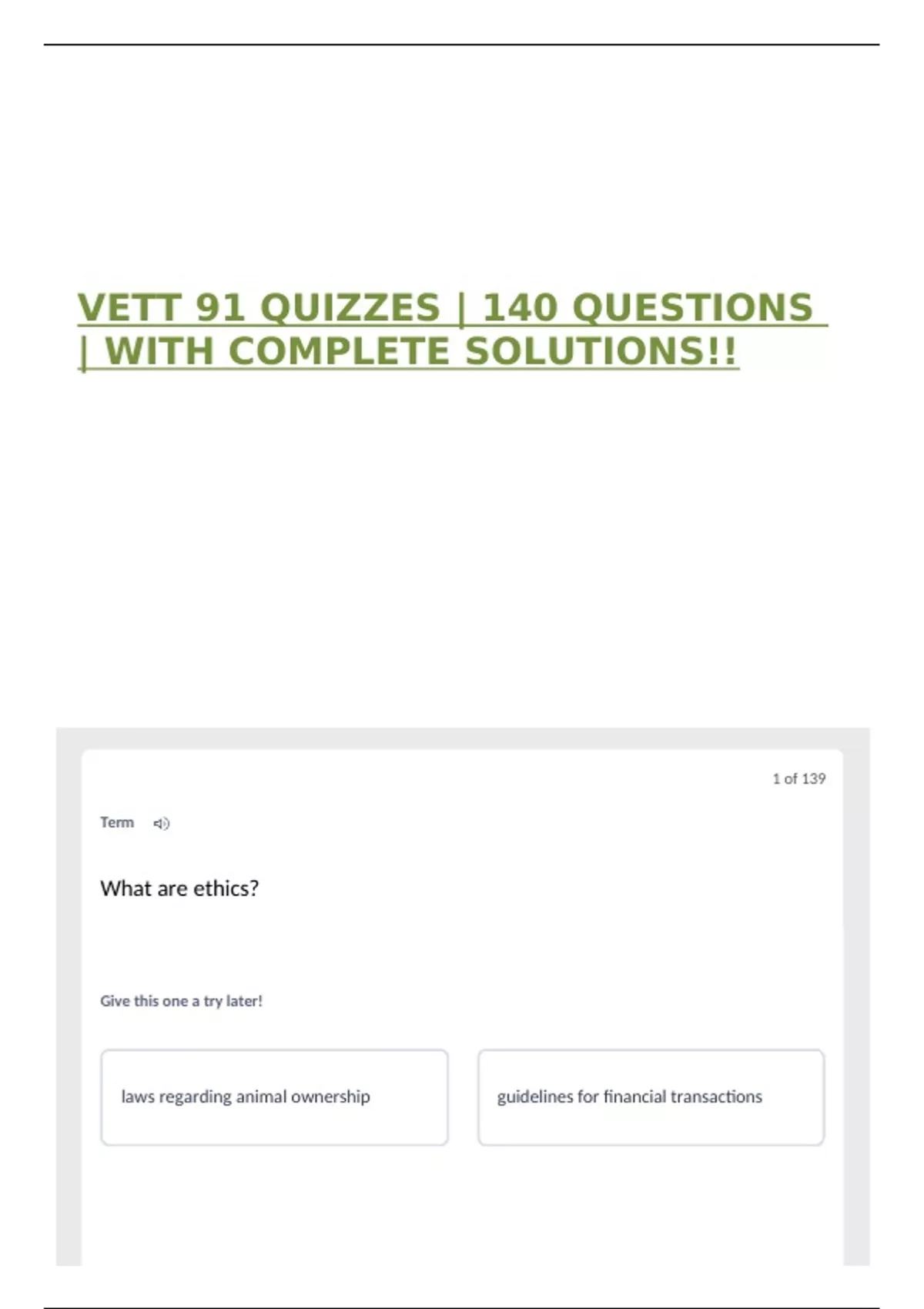 VETT 91 QUIZZES | 140 QUESTIONS | WITH COMPLETE SOLUTIONS!! - VETT 91 - Stuvia US