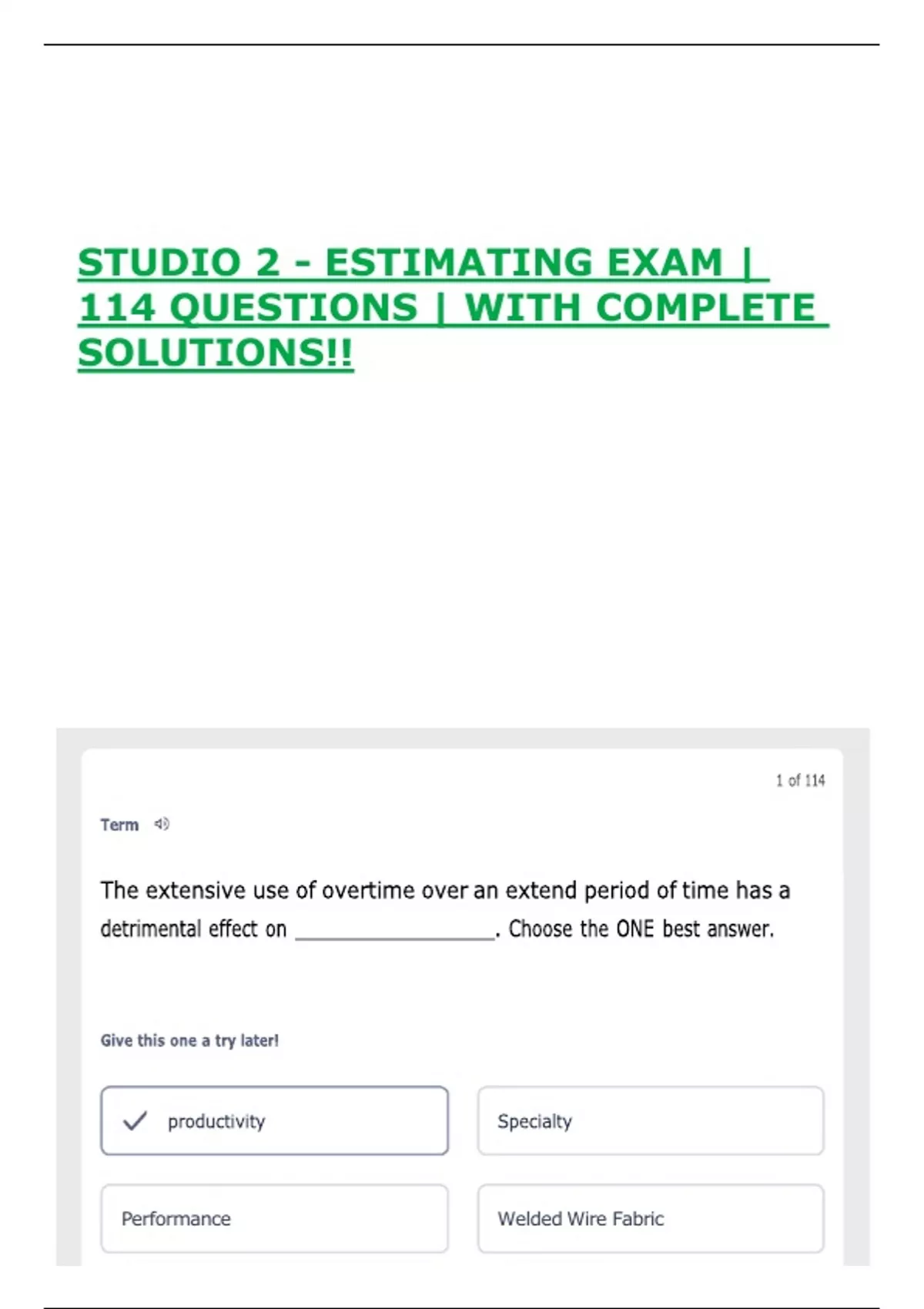 STUDIO 2 - ESTIMATING EXAM | 114 QUESTIONS | WITH COMPLETE SOLUTIONS!! - STUDIO 2 - Stuvia US