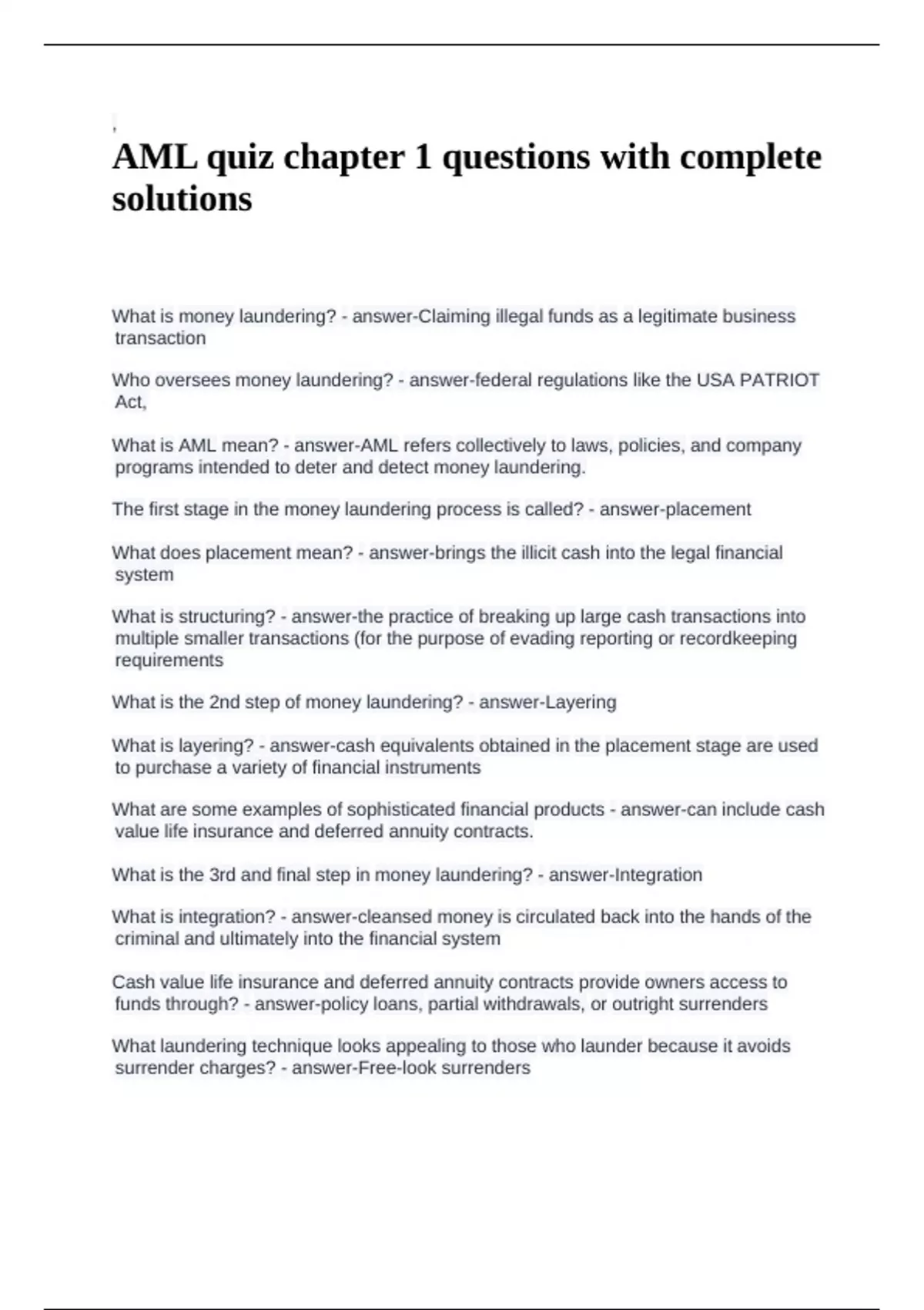 AML quiz chapter 1 questions with complete solutions - ANTI-MONEY LAUNDERING WEBCE - Stuvia US