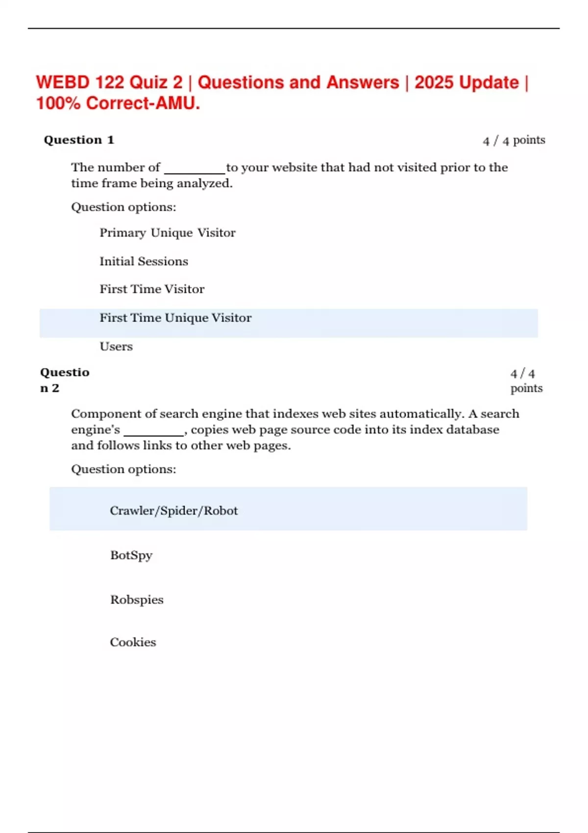 WEBD 122 Quiz 2 | Questions and Answers | 2025 Update | 100% Correct-AMU. - WEBD 122 - Stuvia US