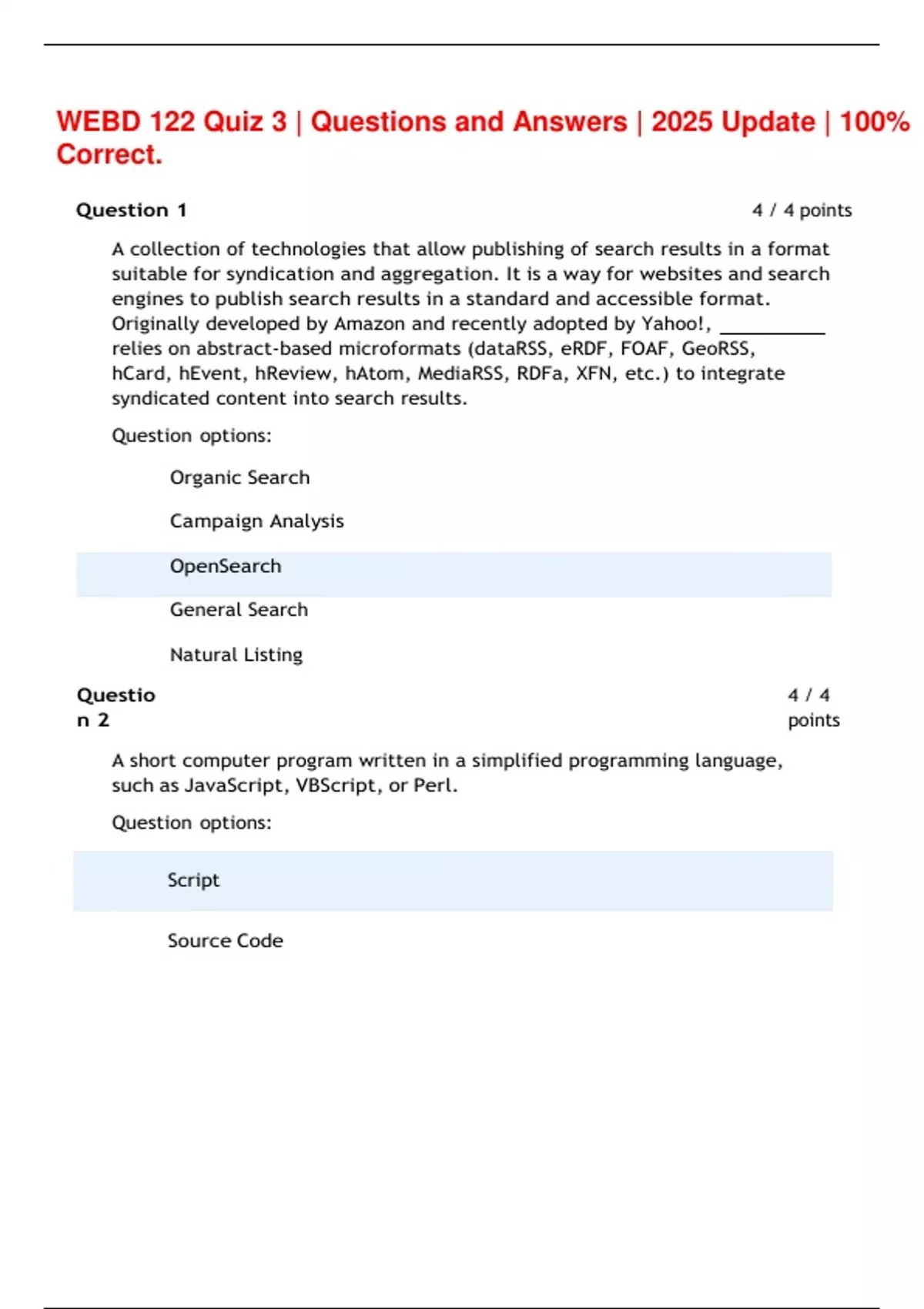 WEBD 122 Quiz 3 | Questions and Answers | 2025 Update | 100% Correct. - WEBD 122 - Stuvia US