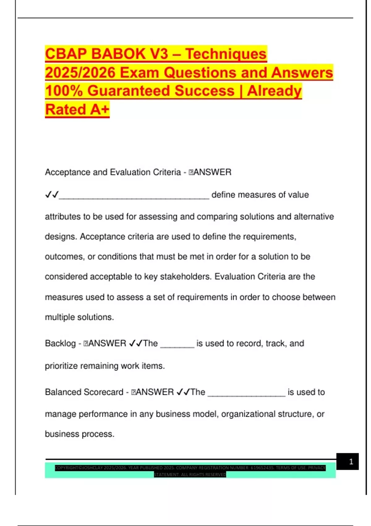CBAP BABOK V3 – Techniques 2025/2026 Exam Questions and Answers 100% Guaranteed Success ...